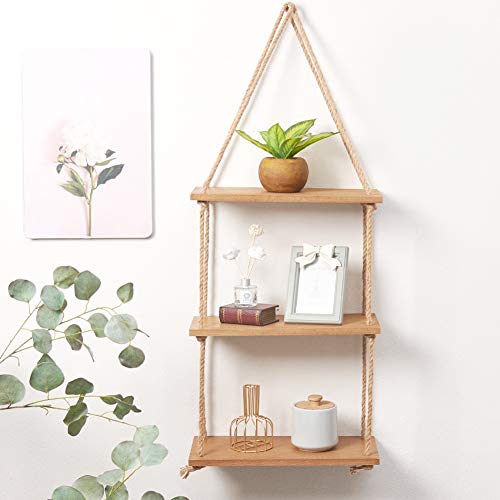 SAND MINE 3 Tier Wood Hanging Shelf, Floating Wall Swing Storage Shelves, Jute Rope Organizer Rack, Wall Shelf Plant Shelf Rope Shelf Storage Shelf Swing Shelf Floating Shelves Handmade Shelves