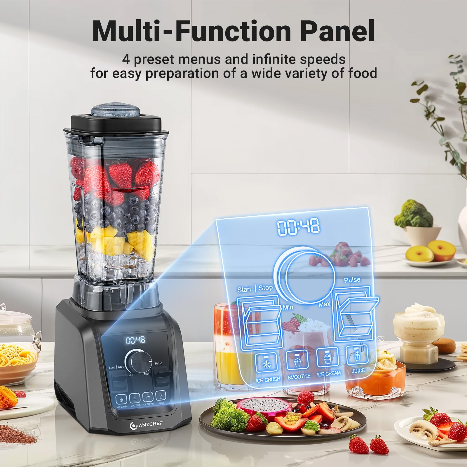 Amzchef 1200W Blenders for Kitchen, 4 Preset Menus for Shakes and Smoothies, Puree, Crush Ice & Hearty Soups with Infinitely Variable Speed & Pulse, 68 oz. Pitcher - Black