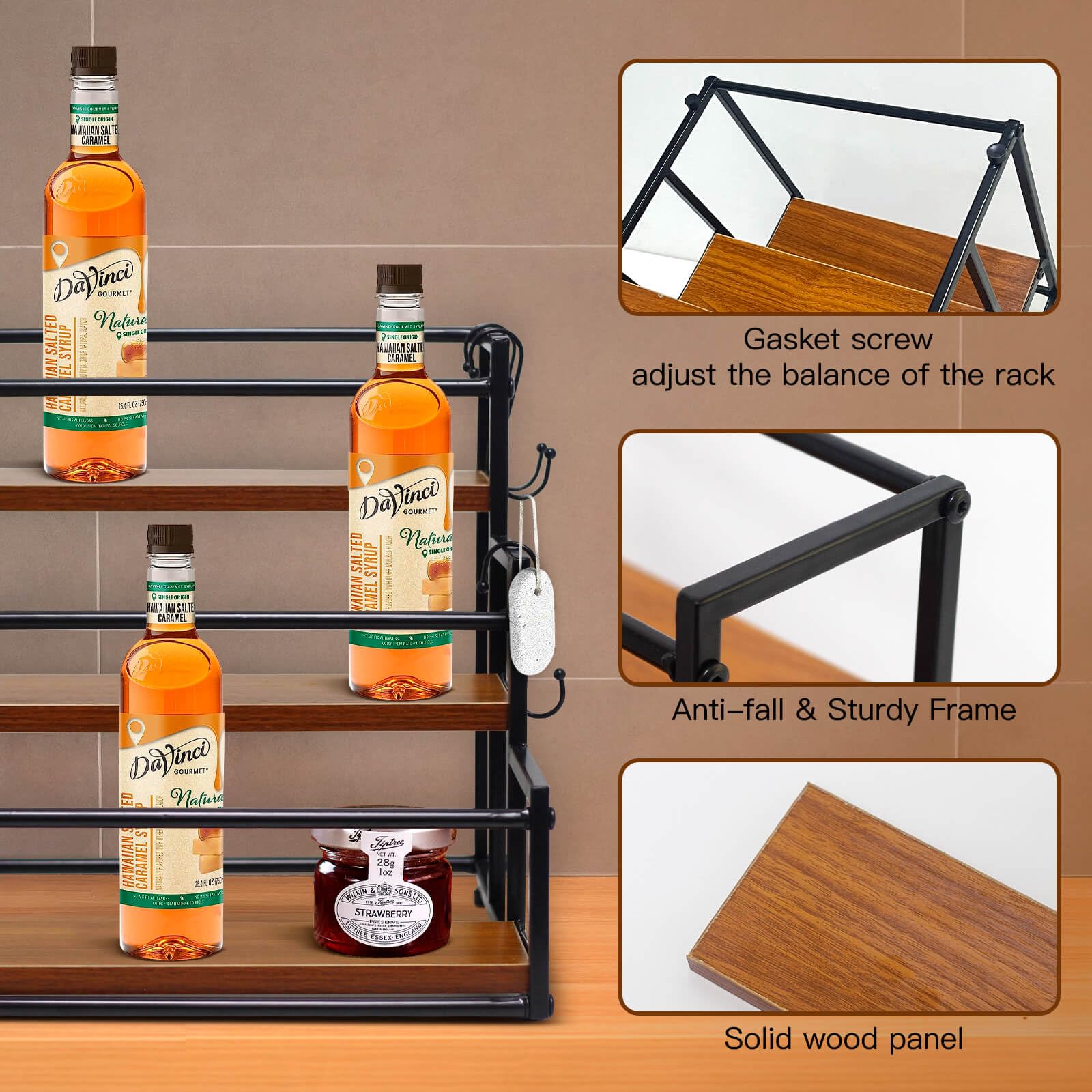 AIEWEV Coffee Syrup Rack Organizer with 3-Tier 12 Bottle Storage - Coffee Bar Holder Shelves with 3 Hooks - Liquor Cabinet Stand for Kitchen Coffee Station on Countertop