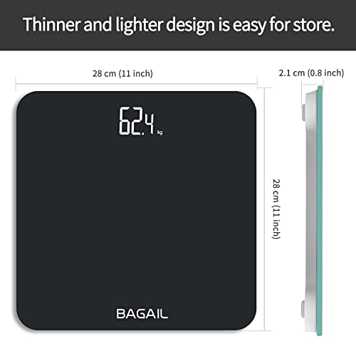 BAGAIL BASICS Bathroom Scale, Digital Weighing Scale with High Precision Sensors and Tempered Glass, Ultra Slim, Step-on Technology, Shine-Through Display - 15Yr Guarantee Black