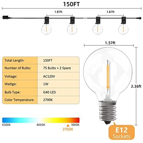 Bomcosy Patio Lights Outdoor String Lights with Remotes 150ft, G40 LED String Lights with Waterproof Shatterproof 77 Bulbs(2 Spare), 2700K Outside Globe Lights for Backyard Wedding Party Porch