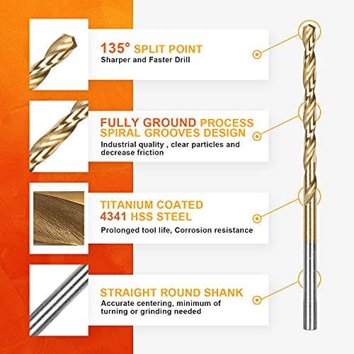 AugTouf 1/8" Titanium Drill Bits (10pcs), 4341 HSS 135° Metal Drill Bits for Wood, Metal, Steel, Plastic, Aluminum Alloy