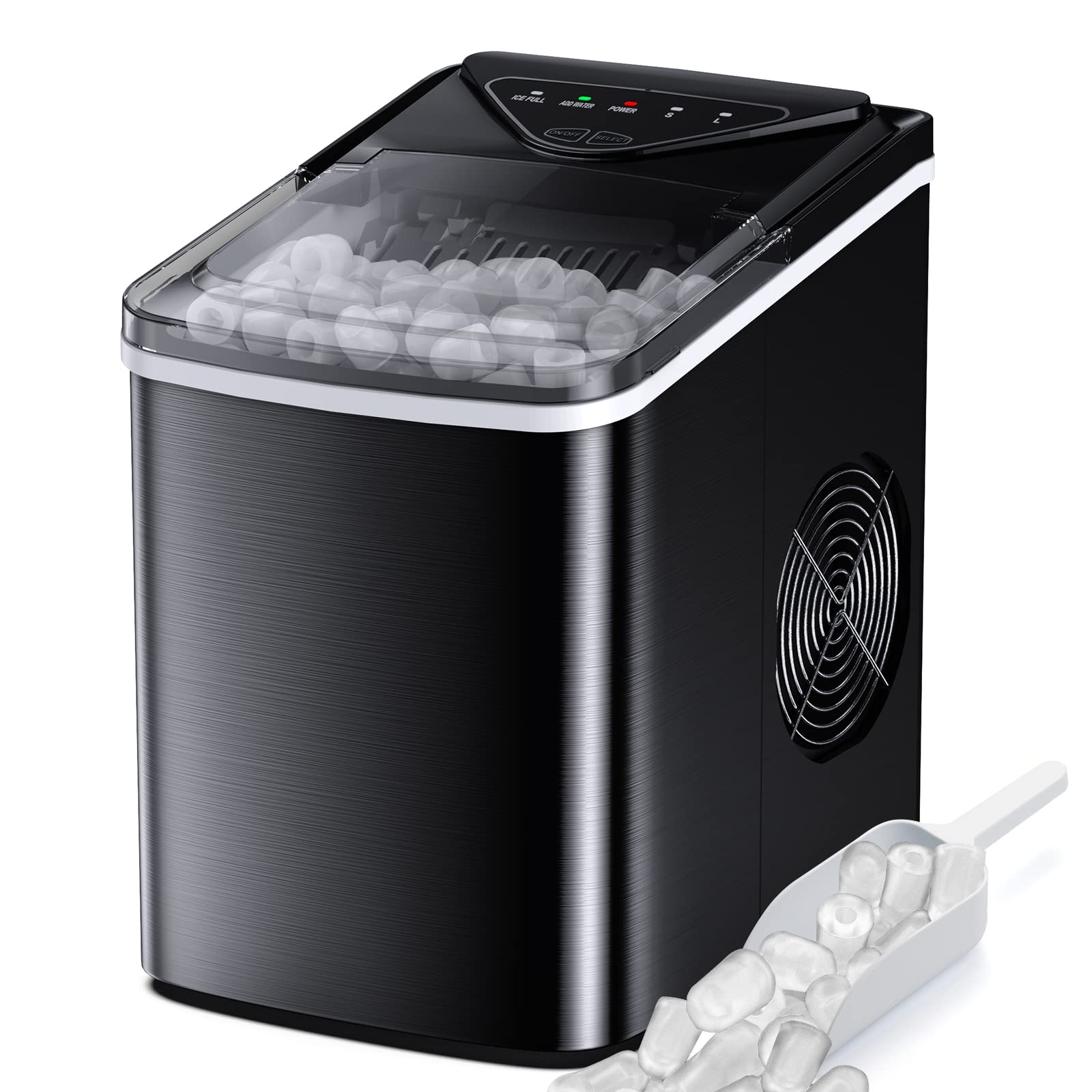 Ice Makers Countertop, Self-Cleaning Function, Portable Electric Ice Cube Maker Machine, 9 Ice Cubes Ready in 6 Mins, 26lbs 24Hrs with Ice Scoop and Basket for Home Kitchen Office, Stainless Steel