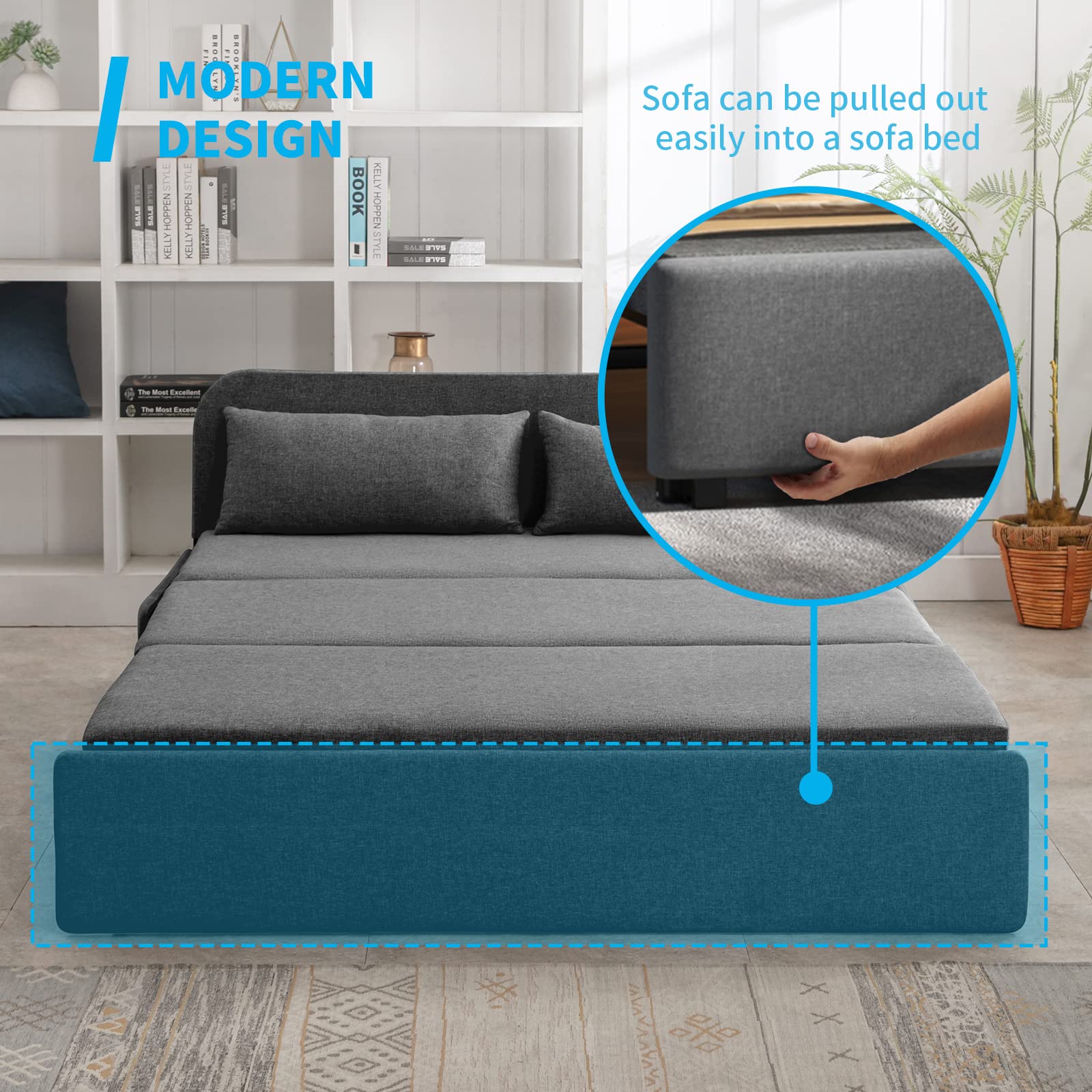 Mjkone Queen Size 2 in 1 Convertible Sofa Bed, Linen Loveseat with 1 Foldable Mattress and 2 Cushions, Pull Out Sleeper Sofa,Couch Bed for Small Place, Apartment and Office - Dark Gray