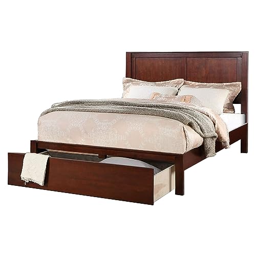 Benjara Kali Platform California King Panel Bed, Storage Drawer, Cherry Brown Wood