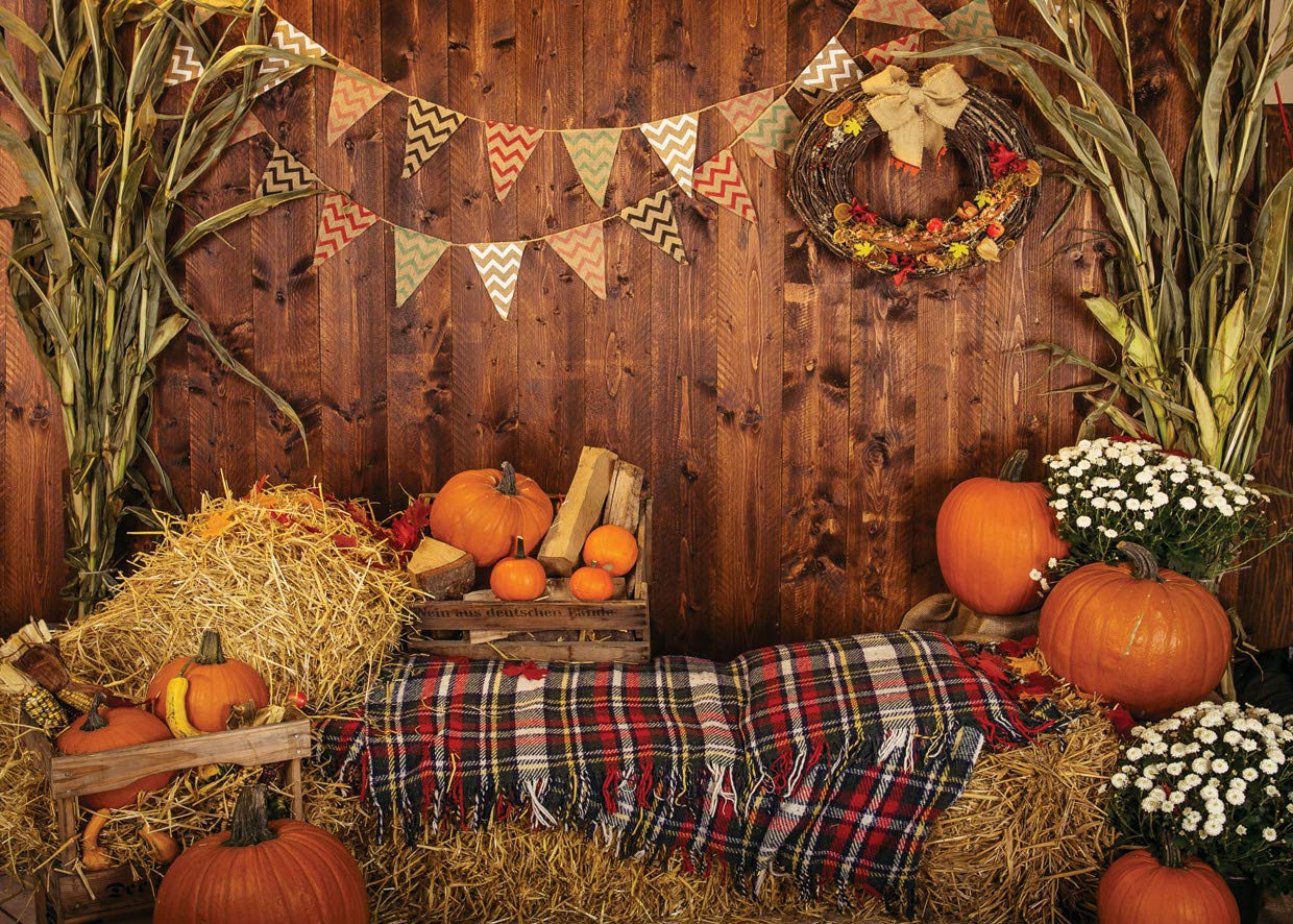 AIIKES 7x5FT Fall Thanksgiving Photo Backdrop Rustic Wood Board Barn Harvest Photography Backdrop Autumn Pumpkin Leaves Flower Baby Birthday Portrait Party Decoration Photo Studio Props 11-741