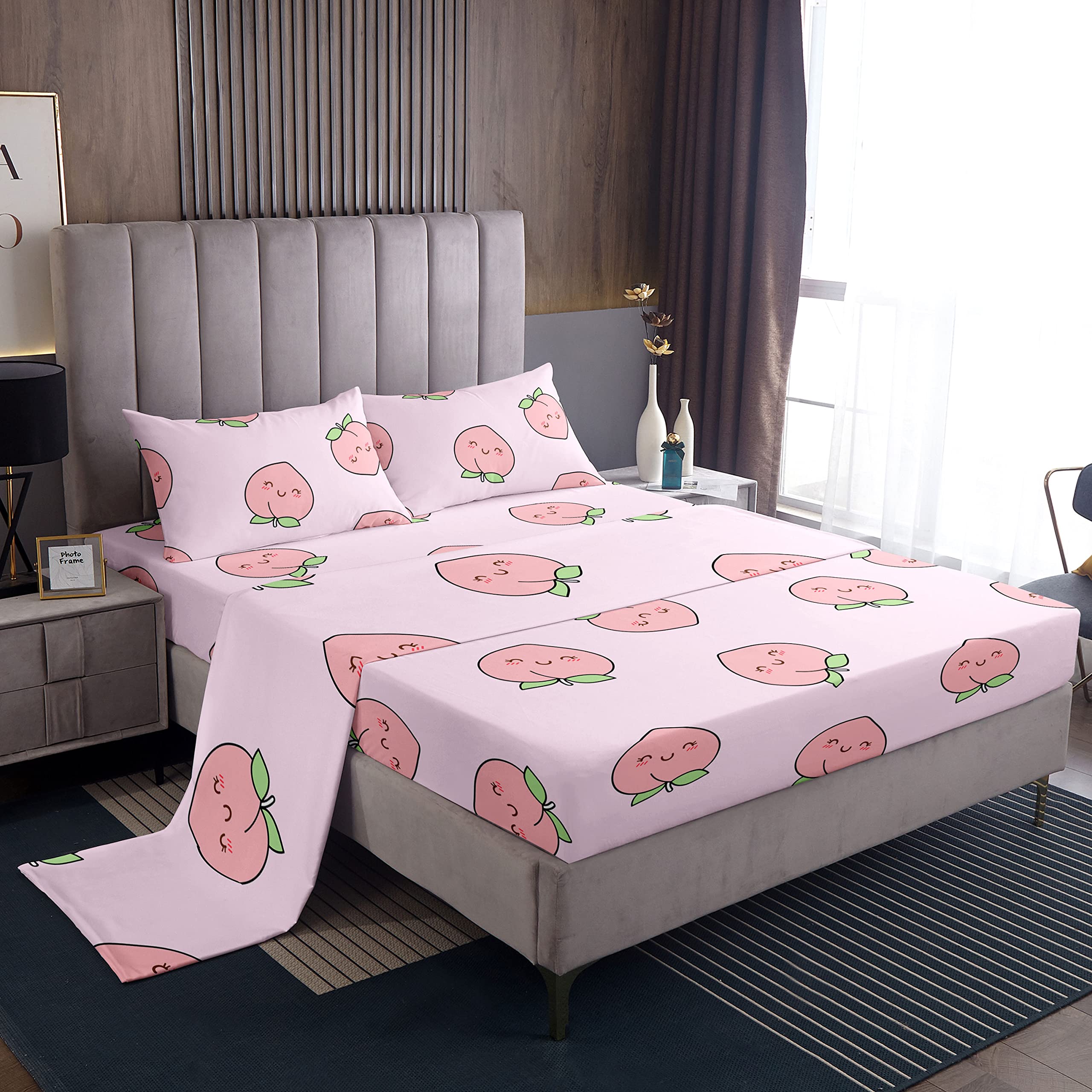 Erosebridal 5 Pieces Peach Bedding Set: Duvet Cover+Bed Sheets (Twin Size)