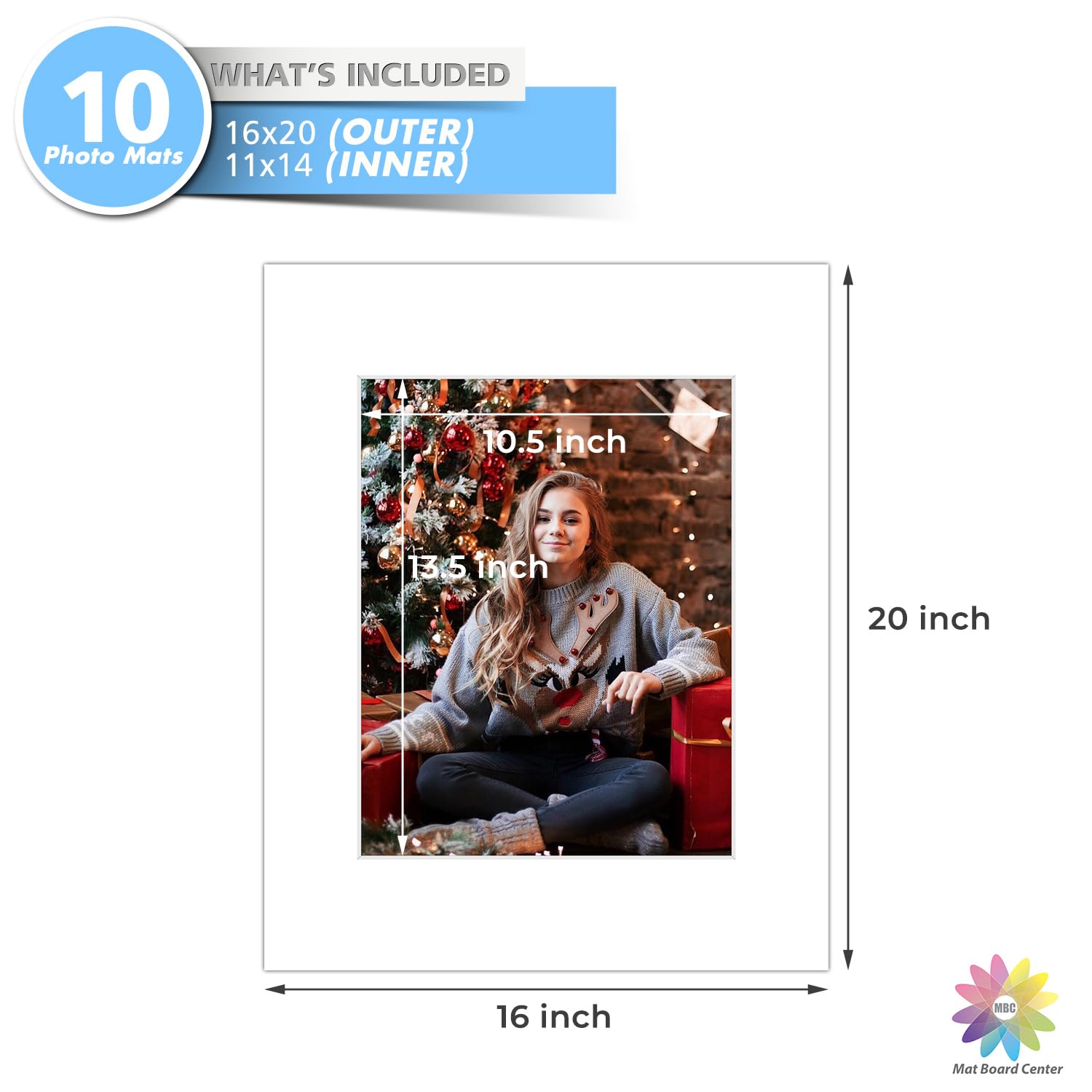 Mat Board Center, Pack of 10, Premier Acid-Free Pre-Cut 16x20 White Picture Mats for 11x14 Photos