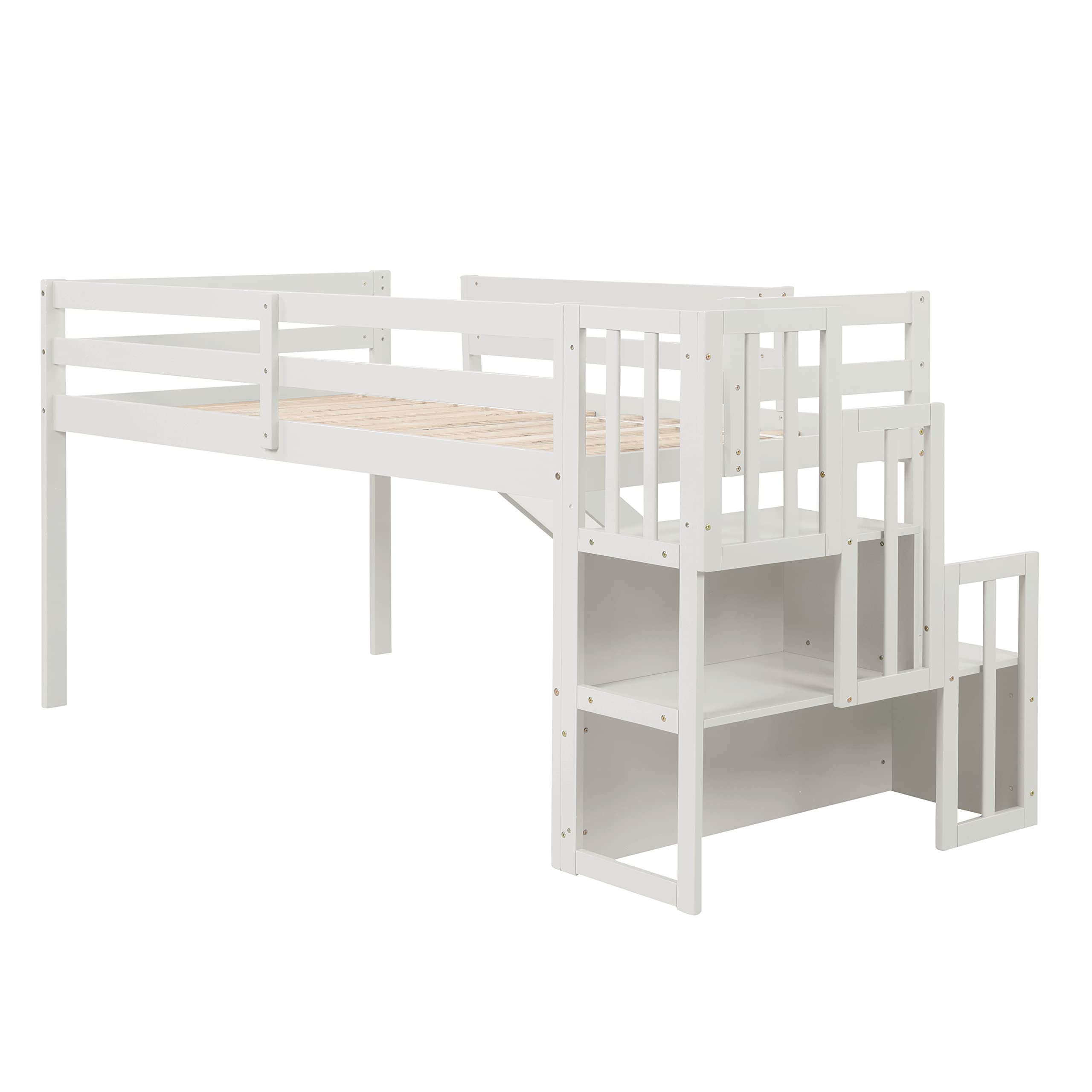 Bellemave Low Loft Bed for Kids,Twin Size Loft Bed with Slide and Storage Staircase,Wood Loft Bed Frame for Boys Girls Teens(White)