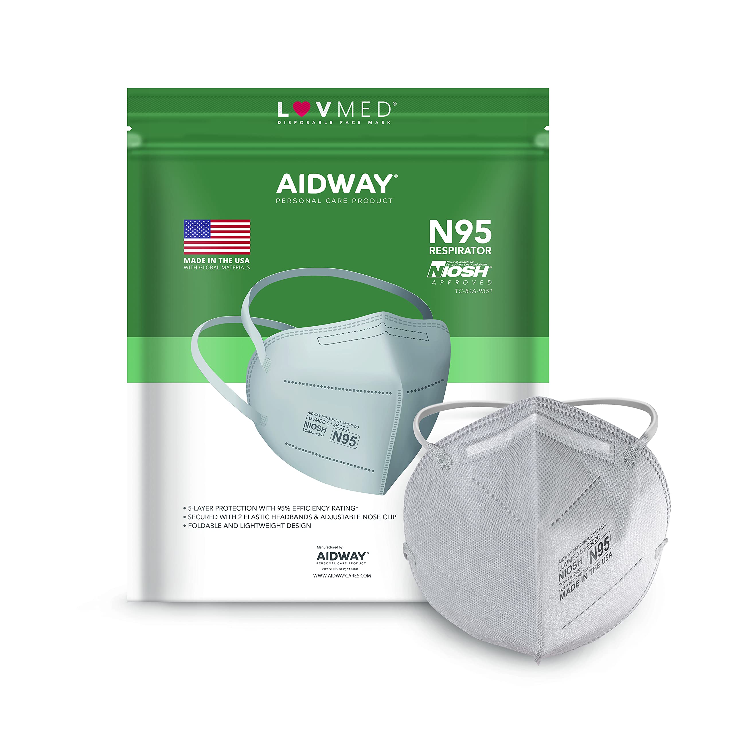 Aidway N95 Respirator - Made in USA - Protection from Dust & Airborne Contaminants - Disposable - 10 Count - Grey