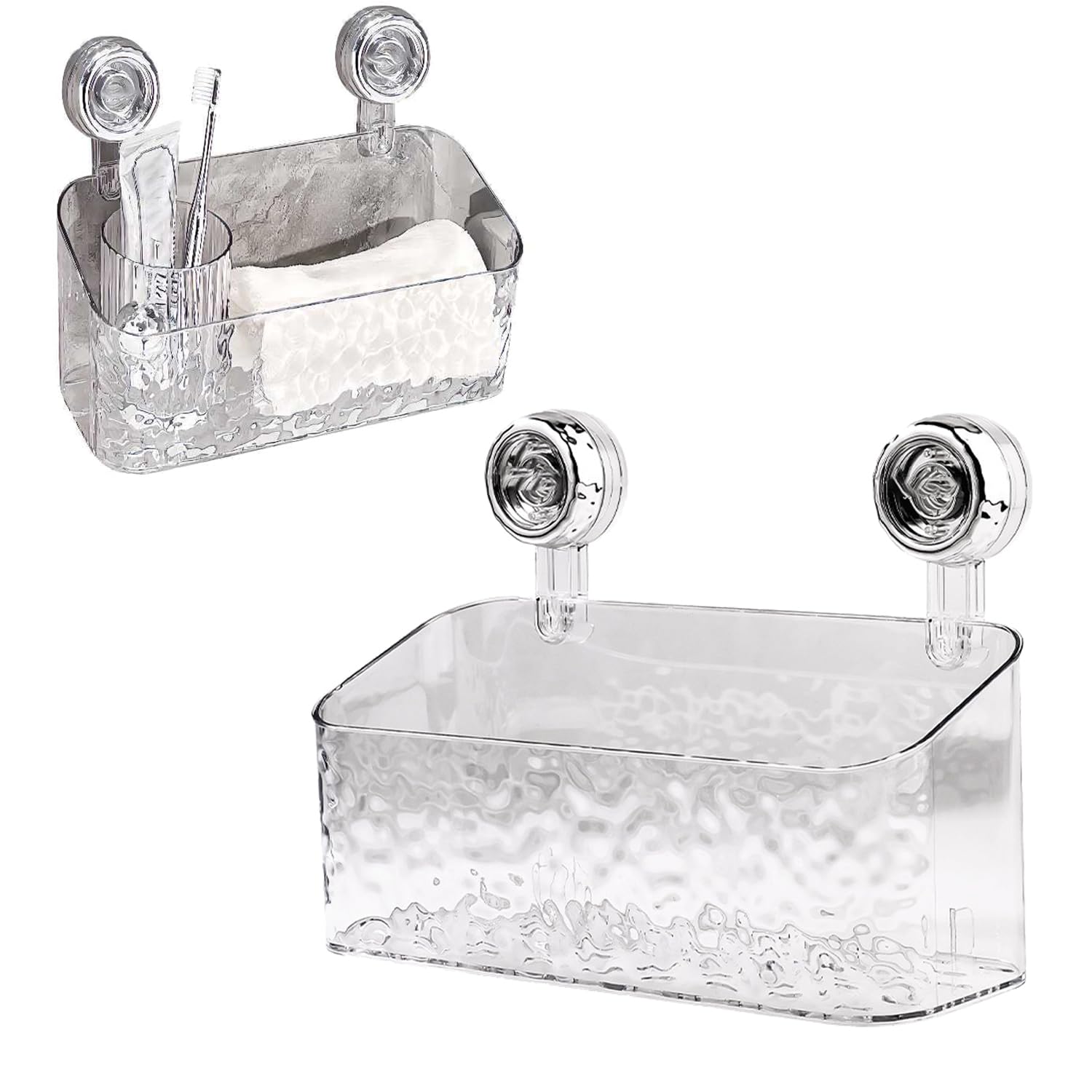 DOHV Light Luxury Style Glacier Pattern Suction Cup Shelf, 2024 New Suction Cup Shower Caddy, Bathroom Strong Suction Cup Storage Rack Kitchen Punching Free Storage Basket (Transparent white-b)