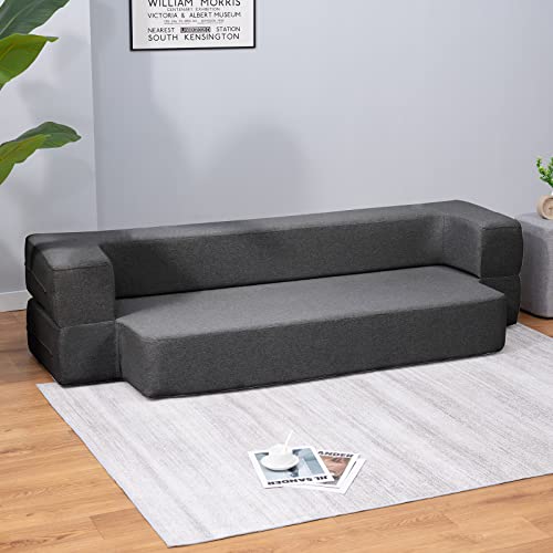 ZAFLY Queen Folding Sofa Couch Bed,8.6" Flip Out Sofa Bed,Convertible Sleeper Sofa Bed,Comfy Floor Couch Bed,Futon Sofa Bed Memory Foam Mattress,Linen Fabric Small Couches for Small Spaces,Dark Grey
