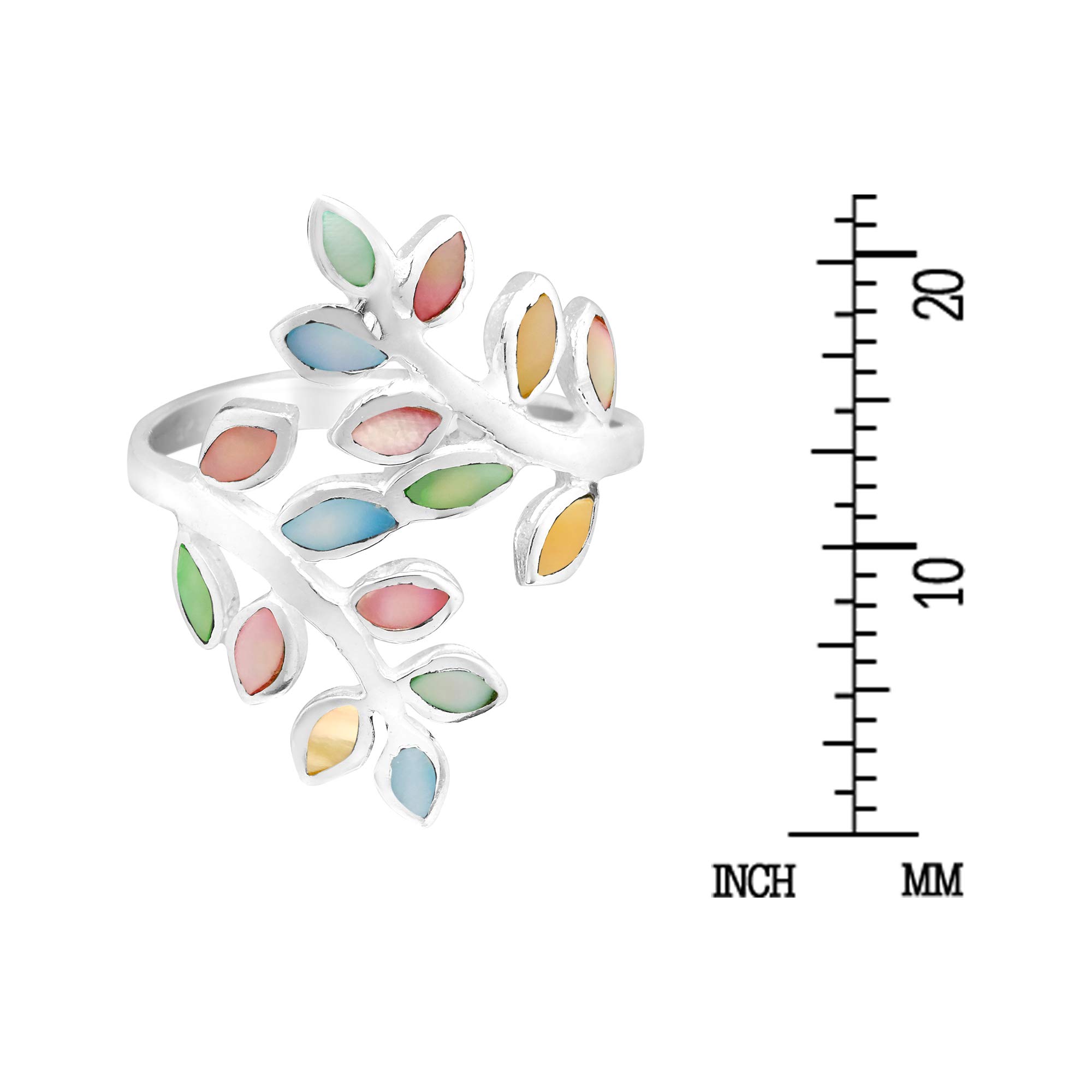 AeraVida Peaceful Olive Branch Sterling Silver Multi Colored Mother of Pearl Inlay Wrap Ring (9)