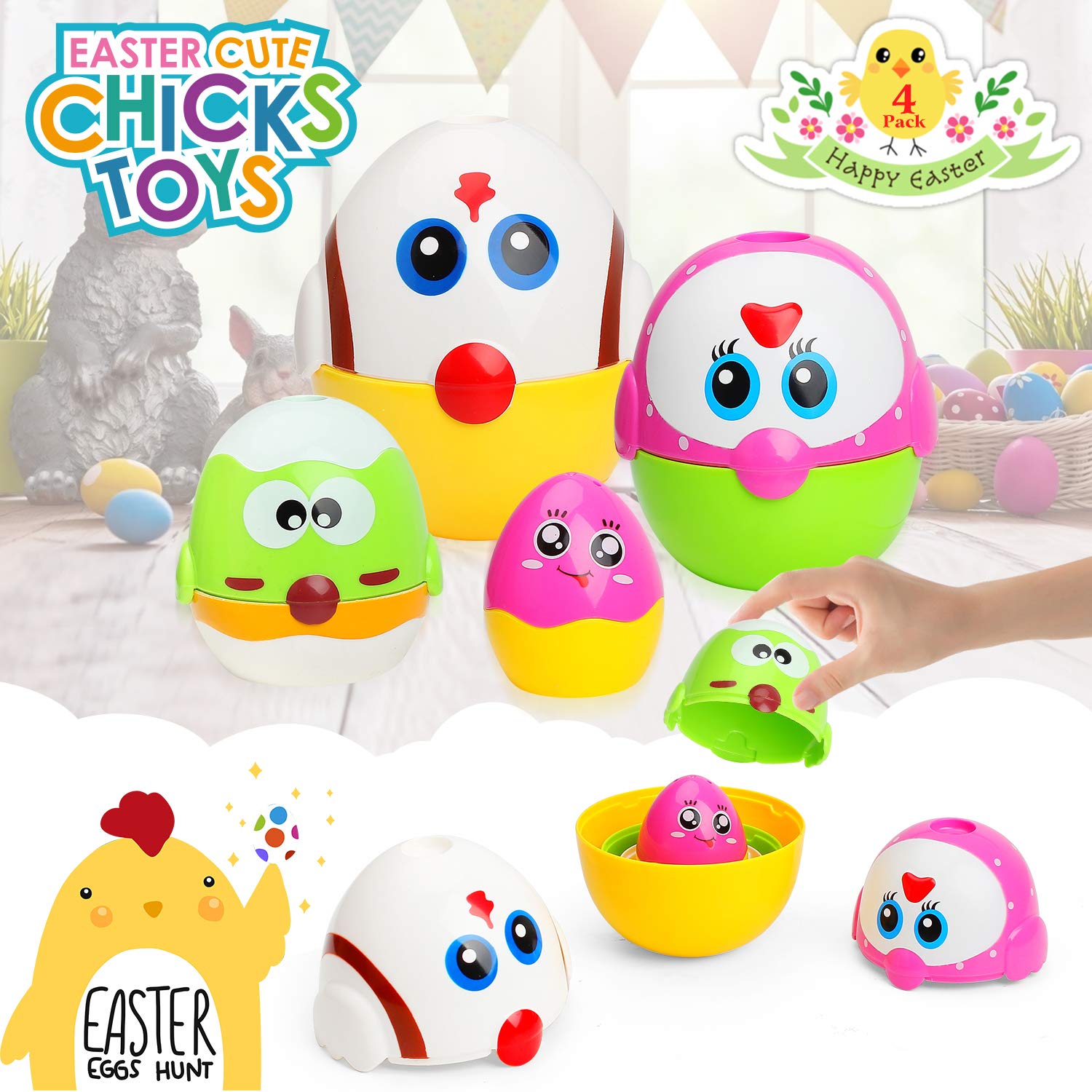 Easter Egg Toys for Toddler, 8 Pcs Nesting & Stacking Chicks Matching Toys for 18 months, 2, 3+ Yr Old, Plastic Eggs Fillable, Easter Basket Stuffers, Gift for Girl Boy Easter Party Favor, Easter Hunt