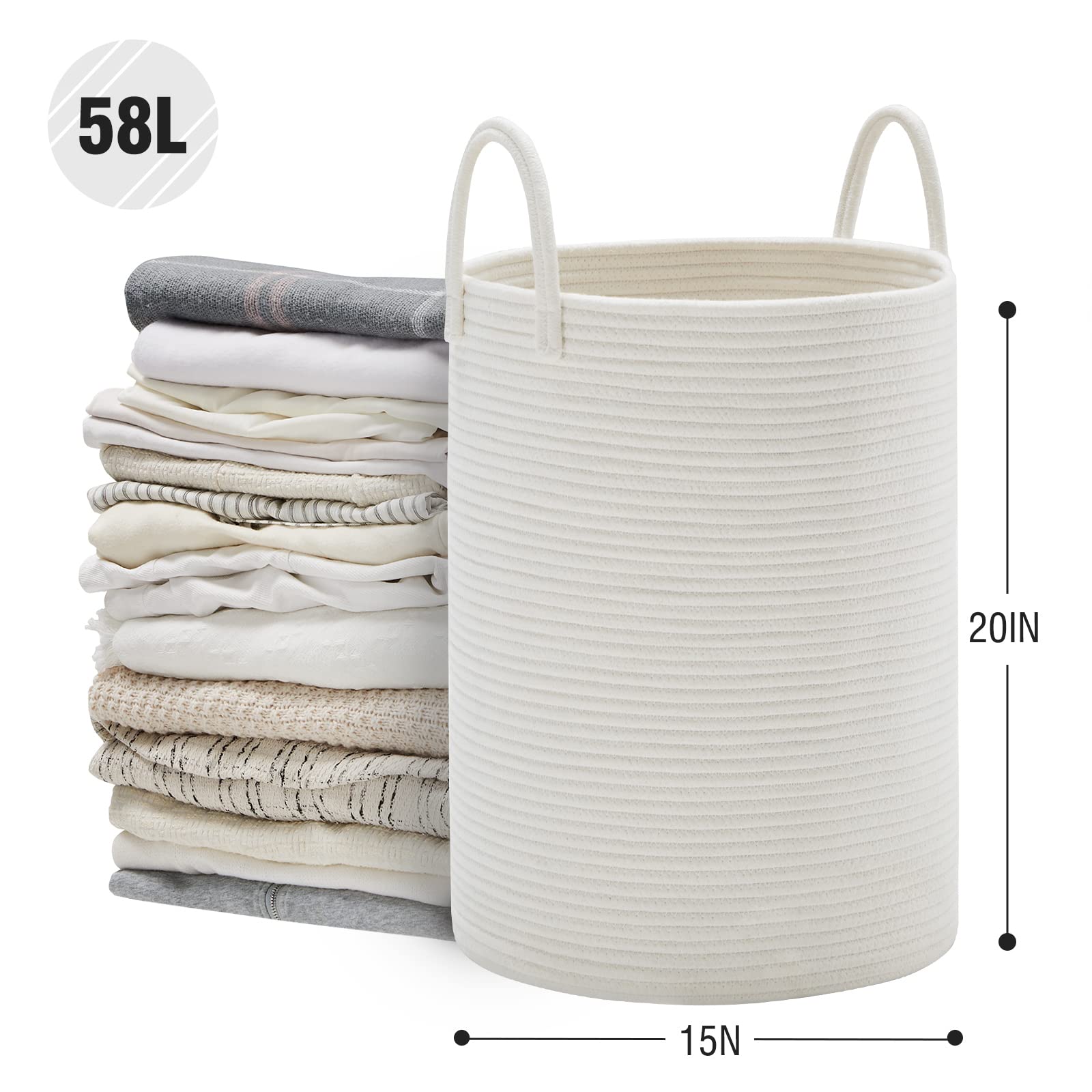 White Woven Rope Laundry Basket by TECHMILLY, 58L Baby Nursery Hamper for Clothes Blanket Storage, Large Tall Laundry Hamper for College Dorm, Bedroom, Living Room