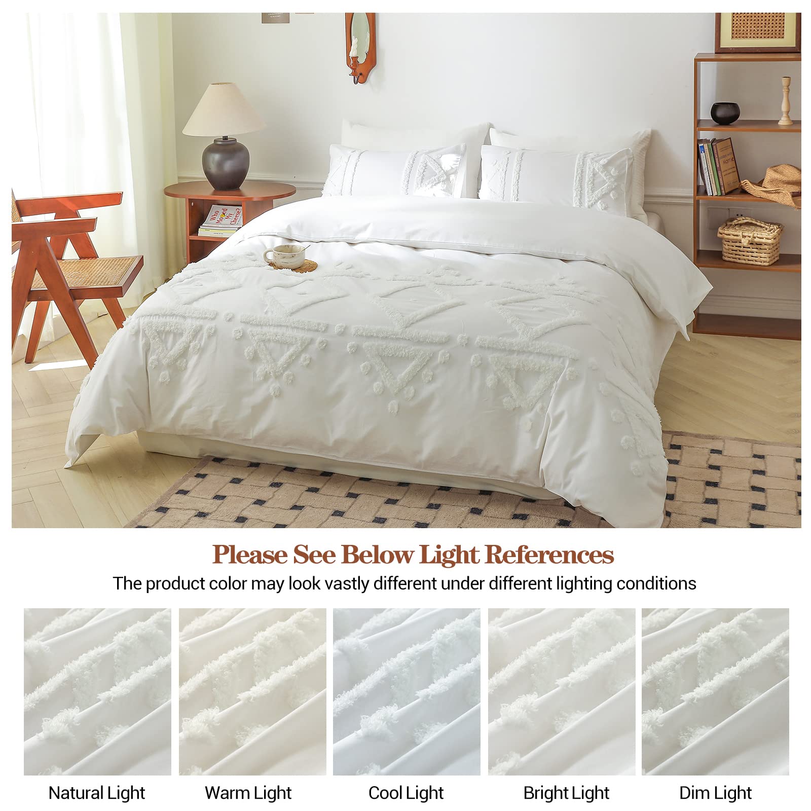 Simple&Opulence 100% Cotton Boho Tufted Duvet Cover Set, 3Pcs Textured Embroidery Comforter Cover Set -1 Duvet Cover&2 Pillowcases, Jacquard Shabby Chic Farmhouse Bedding for All Season(White, Queen)