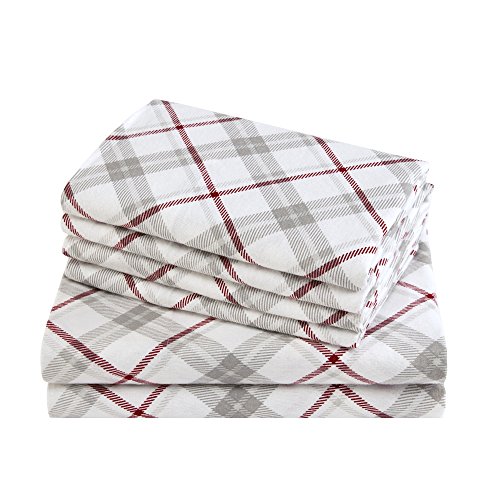 Comfort Spaces Cotton Flannel Breathable Warm Deep Pocket Sheets with Pillow Case Bedding, Cal King, Grey/Red Plaid 4 Piece