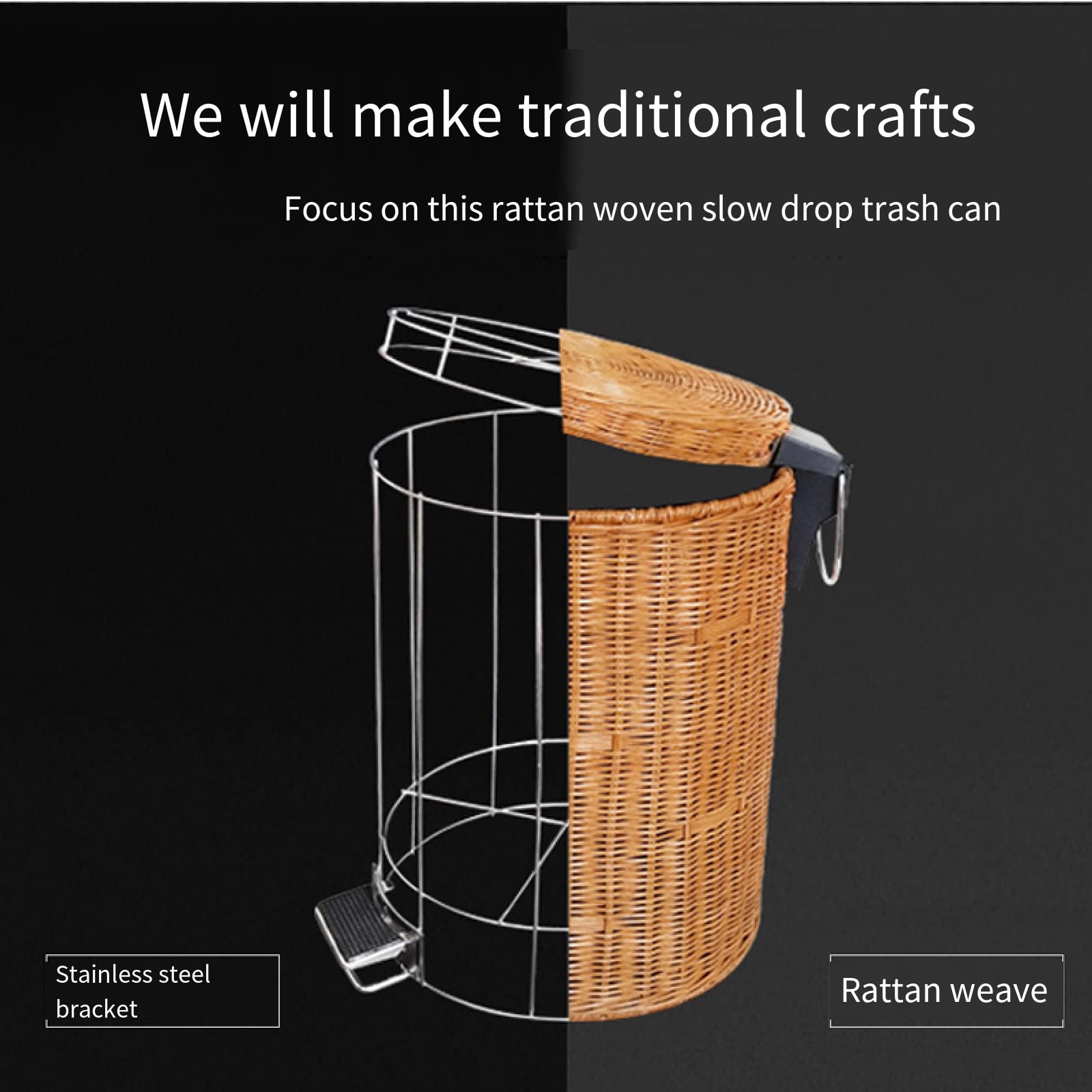 Round wicker dustbin with cover, hand-woven foot-type dustbin, separated dustbin in office and living room, waste paper basket, slow-drop dustbin in kitchen and toilet, mobile dustbin(12L, Yellow)