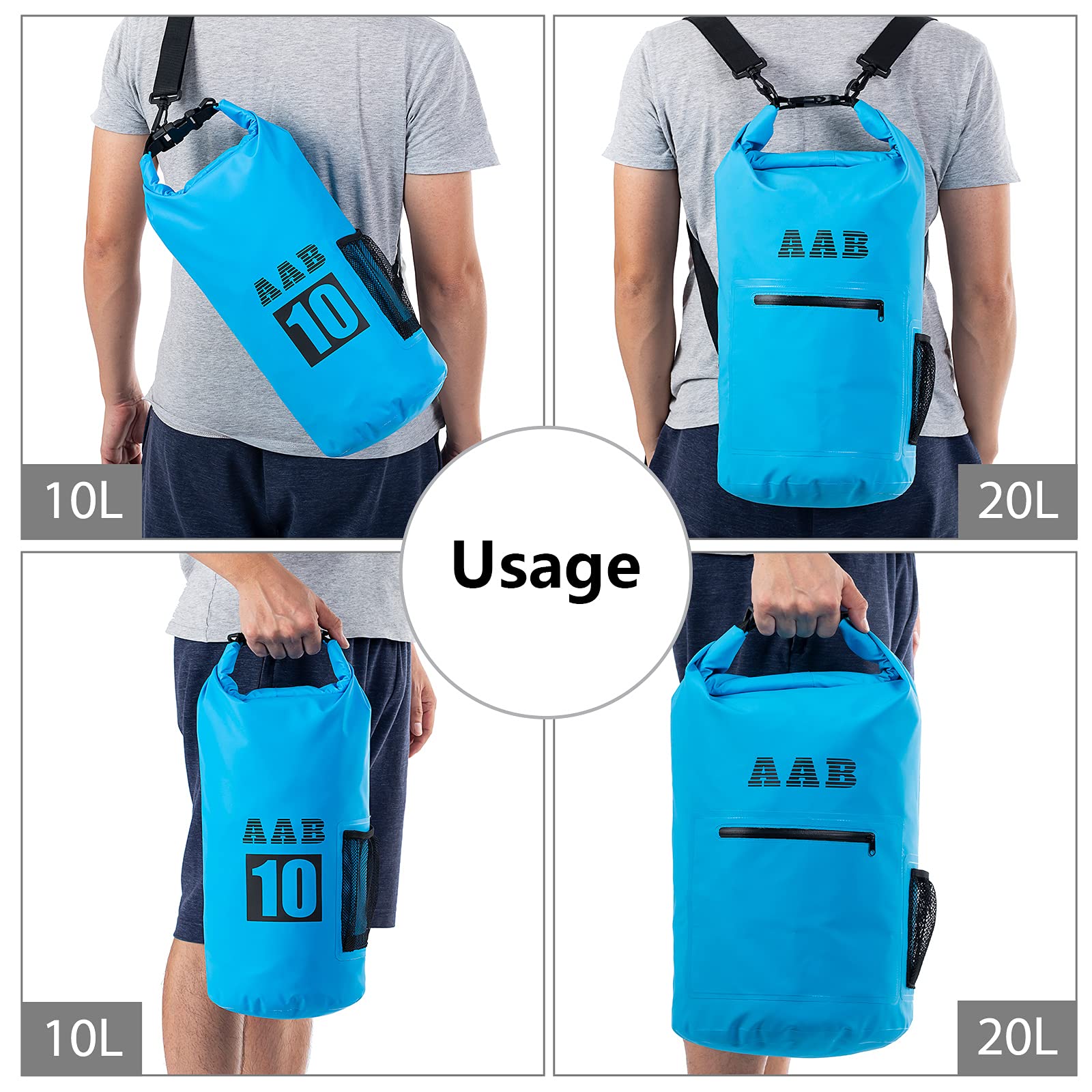 AAB Waterproof Dry Bag Backpack with Side Pocket 10L/20 L with Phone Case-Floating Waterproof Bag Dry Sack Dry Bag for Rafting, Boating, Swimming, Beach, Fishing