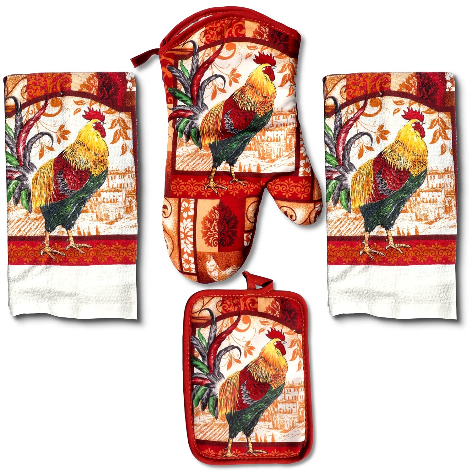 Lobyn Value Packs 4 Pack Kitchen Linens Lightweight Decorative Kitchen Towel Oven Mitt & Potholder (Rooster)