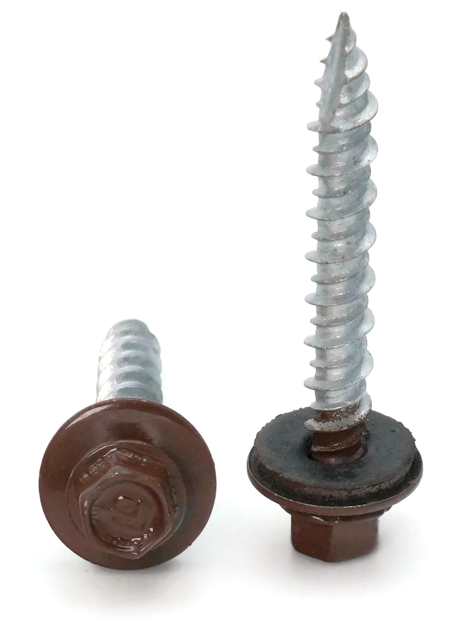 Hex Washer Head Hi-Lo Thread Mechanical Galvanized Roofing Screws Brown Finish - #10 x 1-1/2" Qty 100