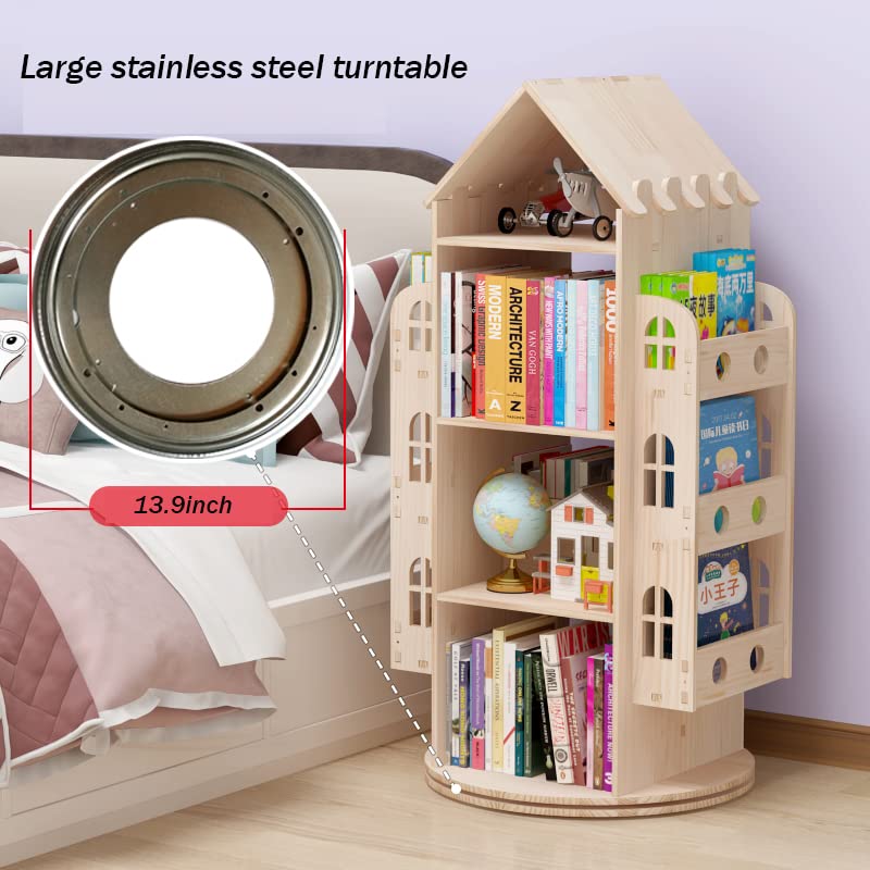 Bear Qiaqia Rotating Bookshelf, Kids Bookshelf, 360 Display Floor Standing Bookcase Storage Rack Children's Bookshelf, Wood Storage Organizer for Kids