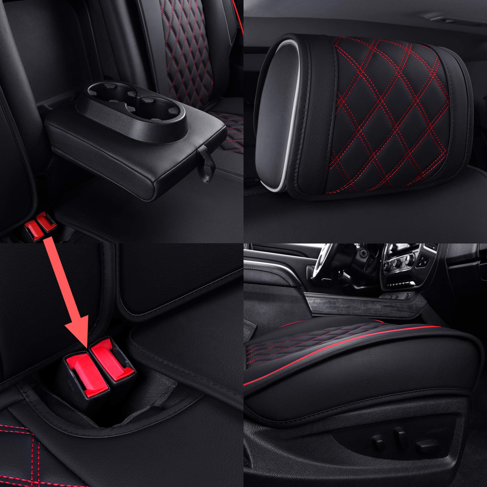 Aierxuan Truck Seat Covers for Chevy Silverado GMC Sierra Trail Boss Z71 Pickup 2007-2024 1500 2500HD 3500HD Crew Double Extended Cab Waterproof Leather (Full Set, Black-Red)