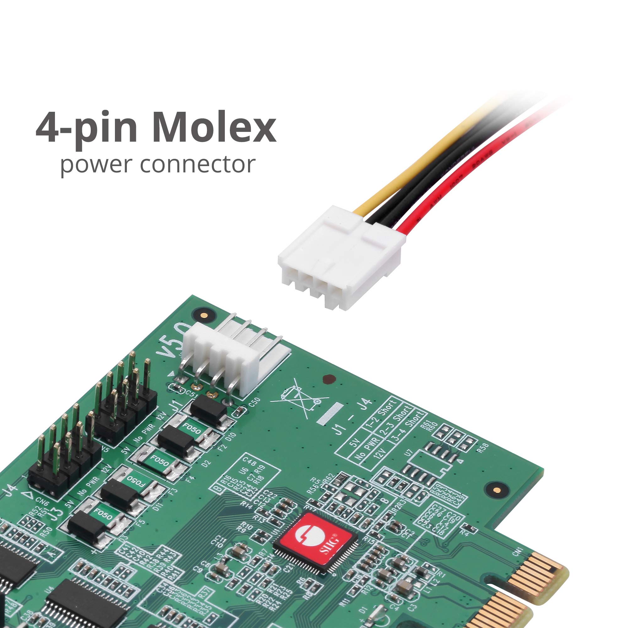 SIIG DP CyberSerial 4S PCIe, 16550 UART, Baud Rates up to 921Kbps, PCIe 2.0 x1 to 4X RS-232 Male 9-pin DB9, RS-232 5V or 12V Power, ASIX AX99100 Chipset, Dual-Profile,TAA Compliant JJ-E40011-S5