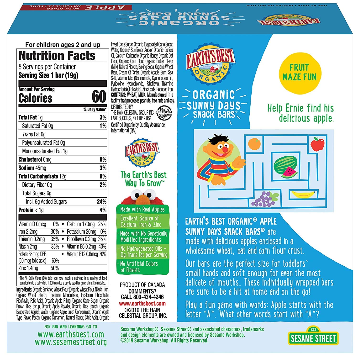 Earth's Best, Sesame Street Sunny Days Apple Snack Bars, (7-0.67 Oz) 4.69 Oz