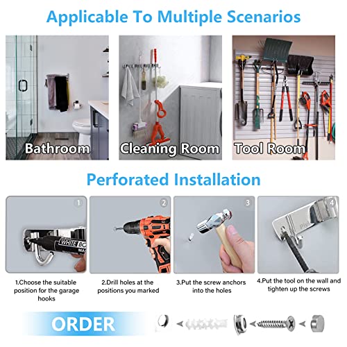 Piyl Broom Holder Wall Mount Garden Tool Organizer,Mop Hanger Wall Mounted Garage Storage,Kitchen,Laundry Utility Rack With 4 Racks and 5 Hooks - Metal Wall Holder For Broom, Rake,Mop Handles Up To 3/4β