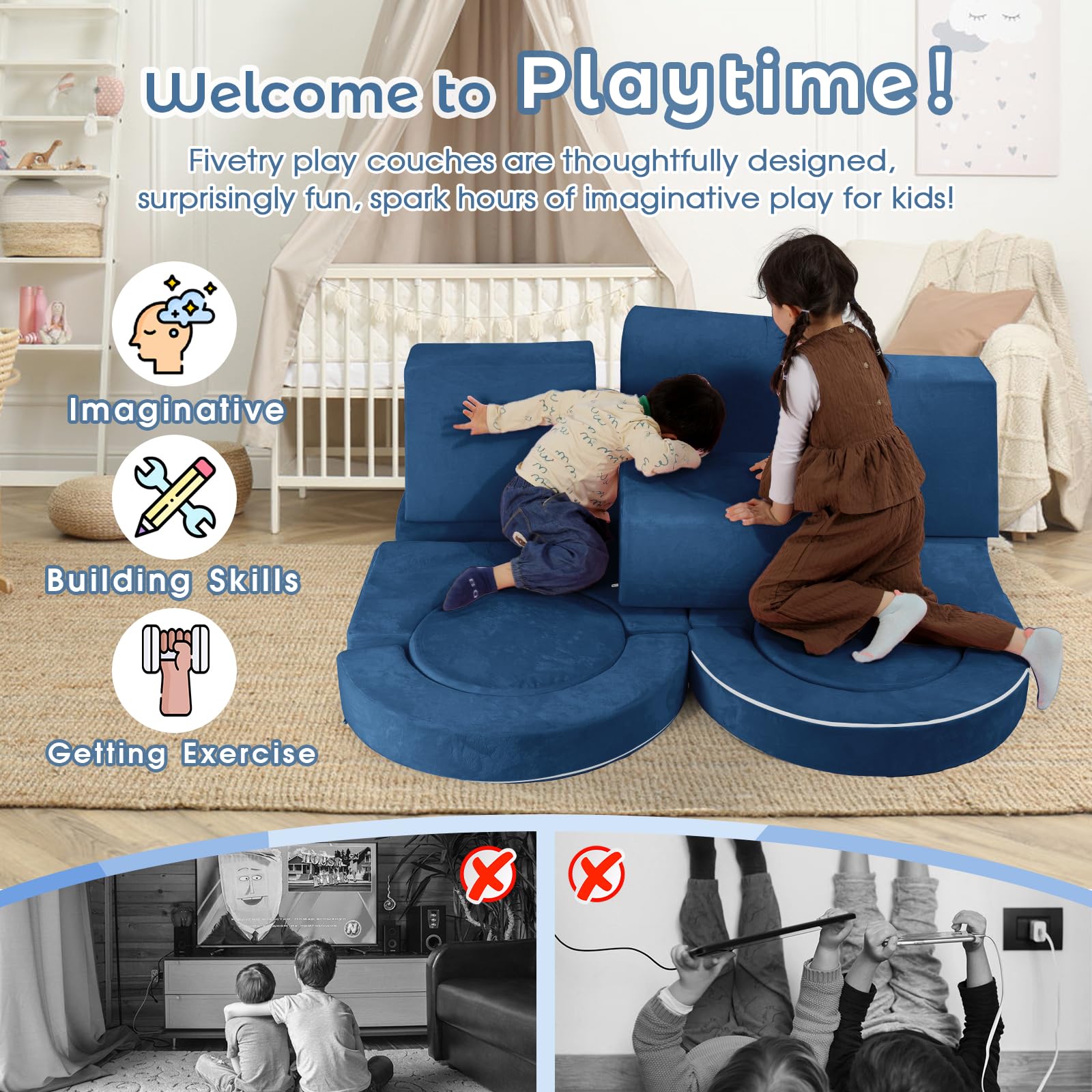 Fivetry 12PCS Modular Kids Play Couch, Child Sectional Sofa, Kids Floor Sofa for Playroom Fort Building, Convertible Foam and Floor Cushion for Boys and Girls