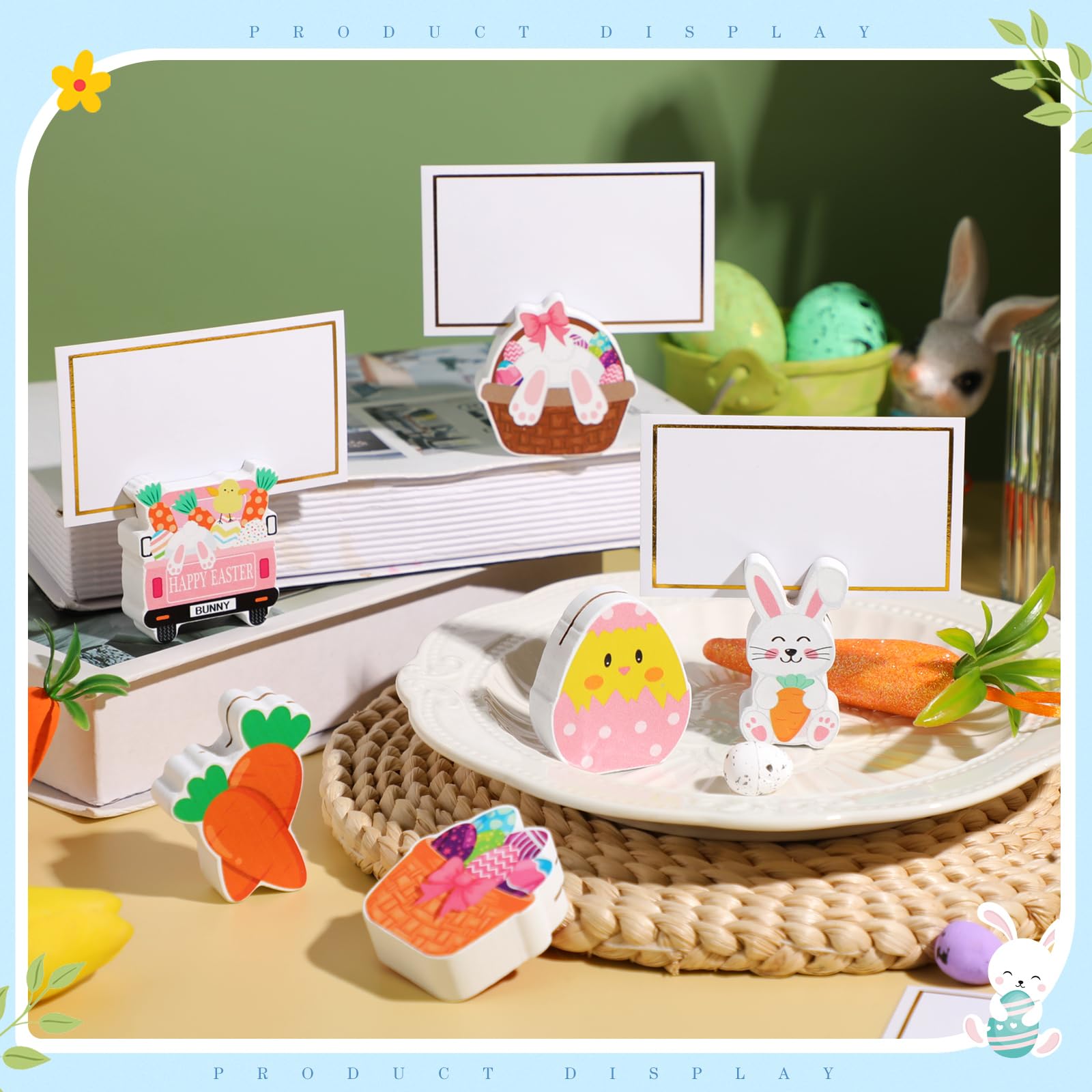 Kigley 18 Pcs Easter Bunny Eggs Wooden Place Card Holder with 25 Pcs Gold Foil White Card Easter Wooden Table Sign Bunny Easter Eggs Picture Number Sign Stands Holder for Spring Party (Cute)