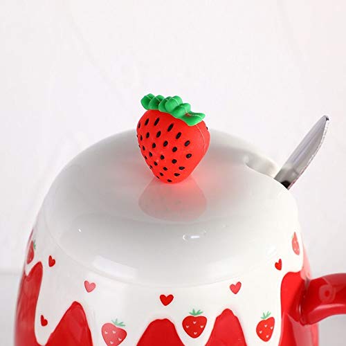 Anjiyoyo Lovely Strawberry and Stainless Steel Scoop Ceramic Coffee Cup, Novel and Interesting Fruit cup, Lovers Milk cup, Creative Gift Breakfast Cup for Kid or Girlfriend
