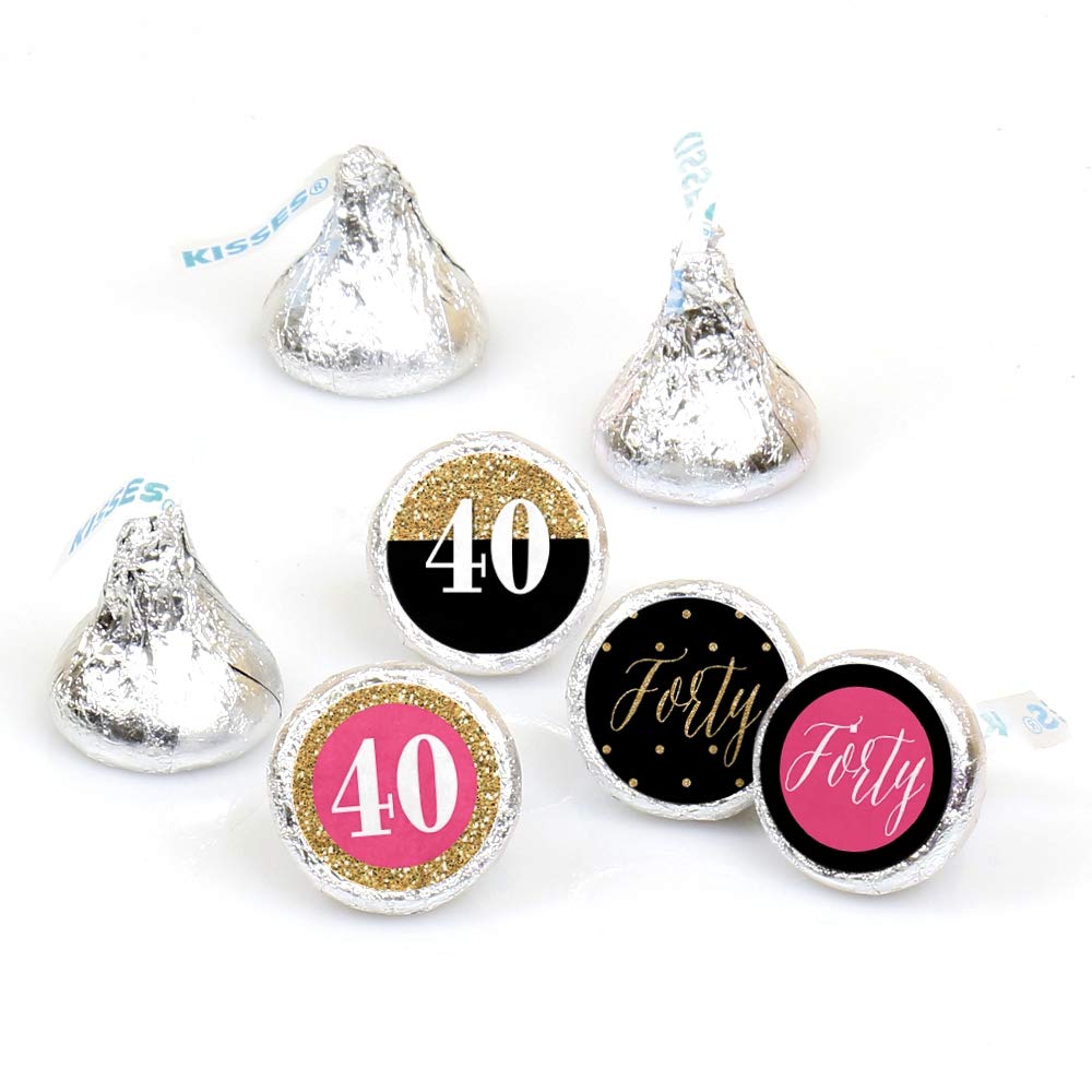 Big Dot of Happiness Chic 40th Birthday - Pink, Black and Gold Round Candy Sticker Favors – Labels Fit Chocolate (1 Sheet 108)