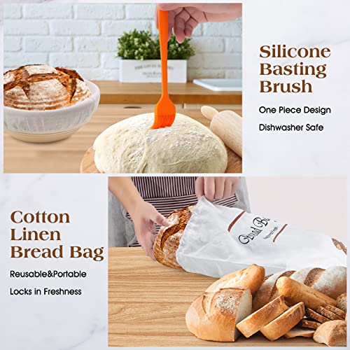 Banneton Bread Proofing Basket Set, 10 Inch Oval & 9 Inch Round Sourdough bread baking supplies with Linen Liner, Silicone Bread Sling, Danish Dough Whisk, Bread Lame, Bowl Scraper,Dough Scraper Kit