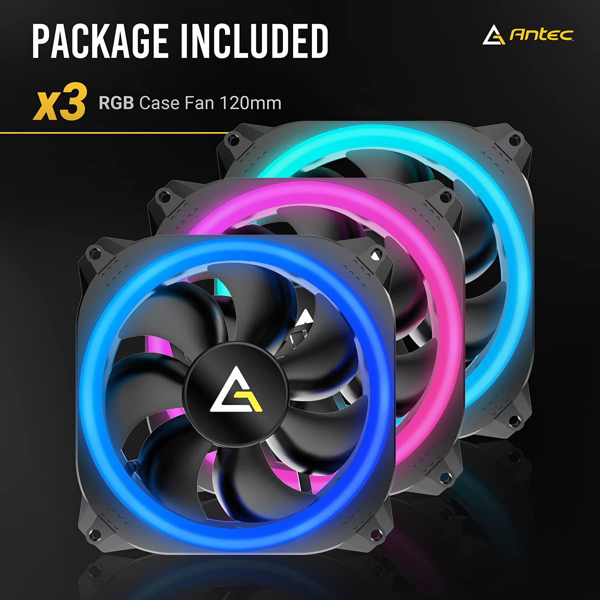 Antec 120mm RGB Case fan, RGB High Performance PC Fan, 4-pin RGB, Spark Series, 3 Packs