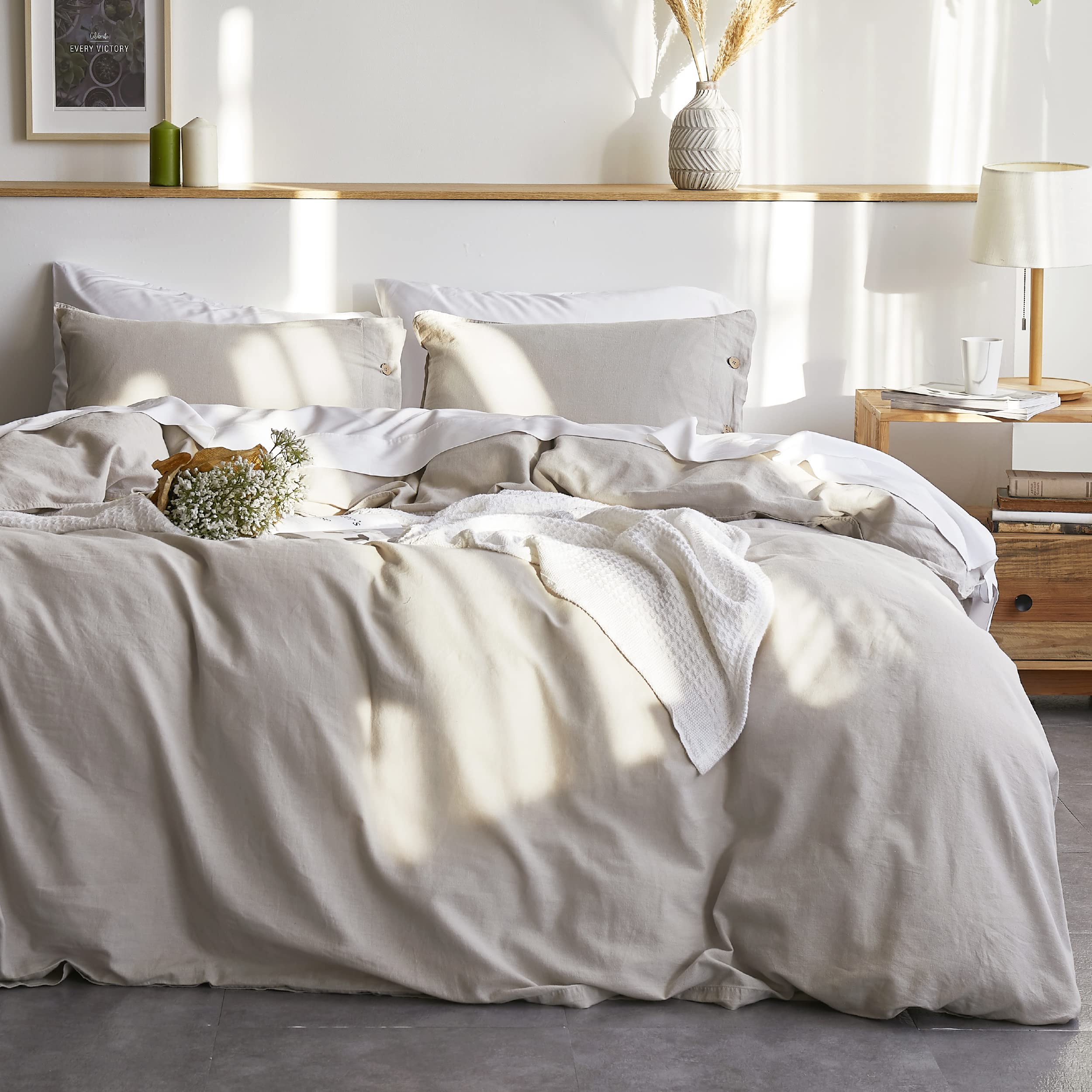 Bedsure Queen Comforter Duvet Insert with Corner Tabs Bundle Linen Cotton Duvet Cover Queen Size Set