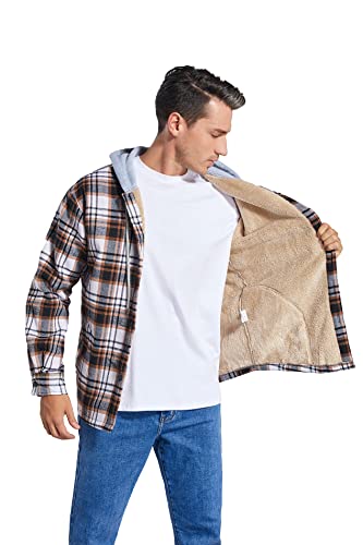 Derbars Men's Sherpa Lined Winter Jackets Warm Camp Hooded Flannel Shirt for Men Khaki Medium