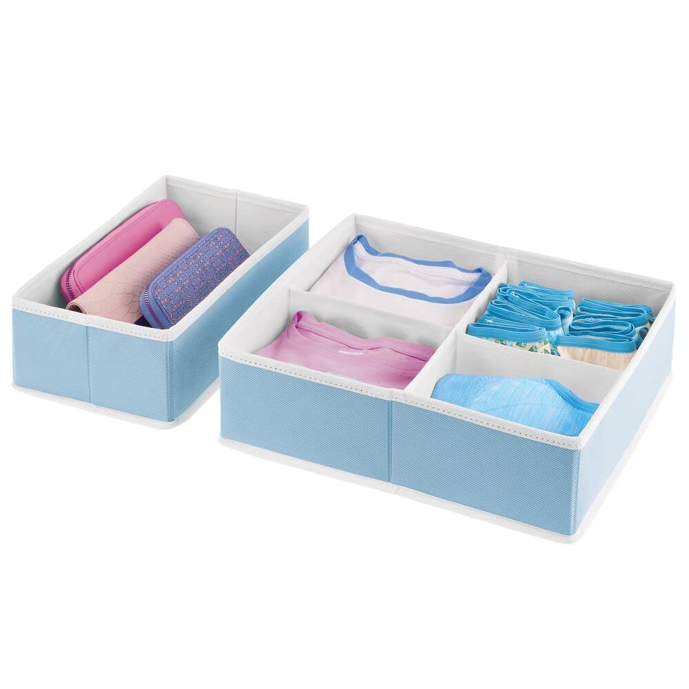 mDesign Soft Fabric Polka Dot Dresser Drawer and Closet Storage Organizer Bin for Child/Kids Room, Nursery, Playroom - Divided 5 Section Tray, Set of 2 - Light Blue/White