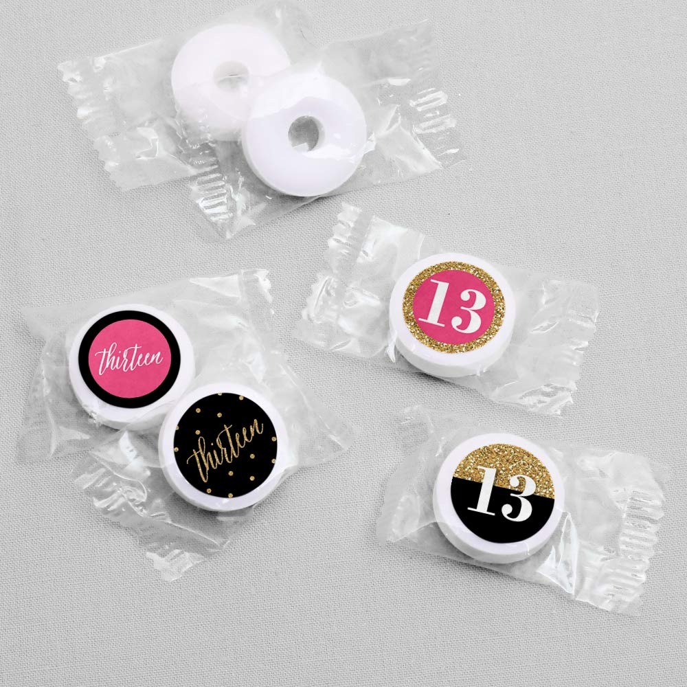 Big Dot of Happiness Chic 13th Birthday - Pink, Black and Gold Round Candy Sticker Favors Labels Fit Chocolate (1 Sheet 108)