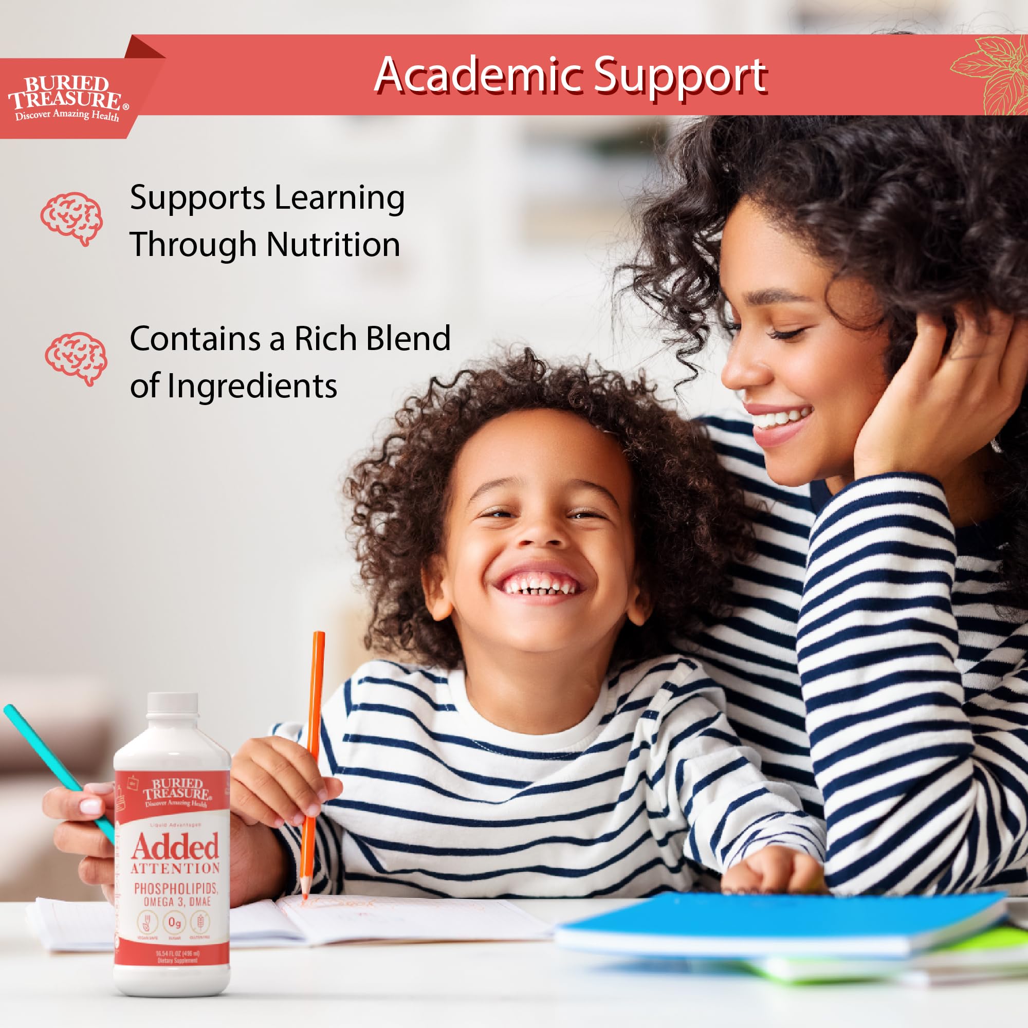 Buried Treasure - Added Attention - Children's Learning Support with GABA DHA Vitamin B and Herbal Blend - Aid Healthy Brain Functions - Improved Short-Term Auditory Memory Focus & Behavior 16.54 oz