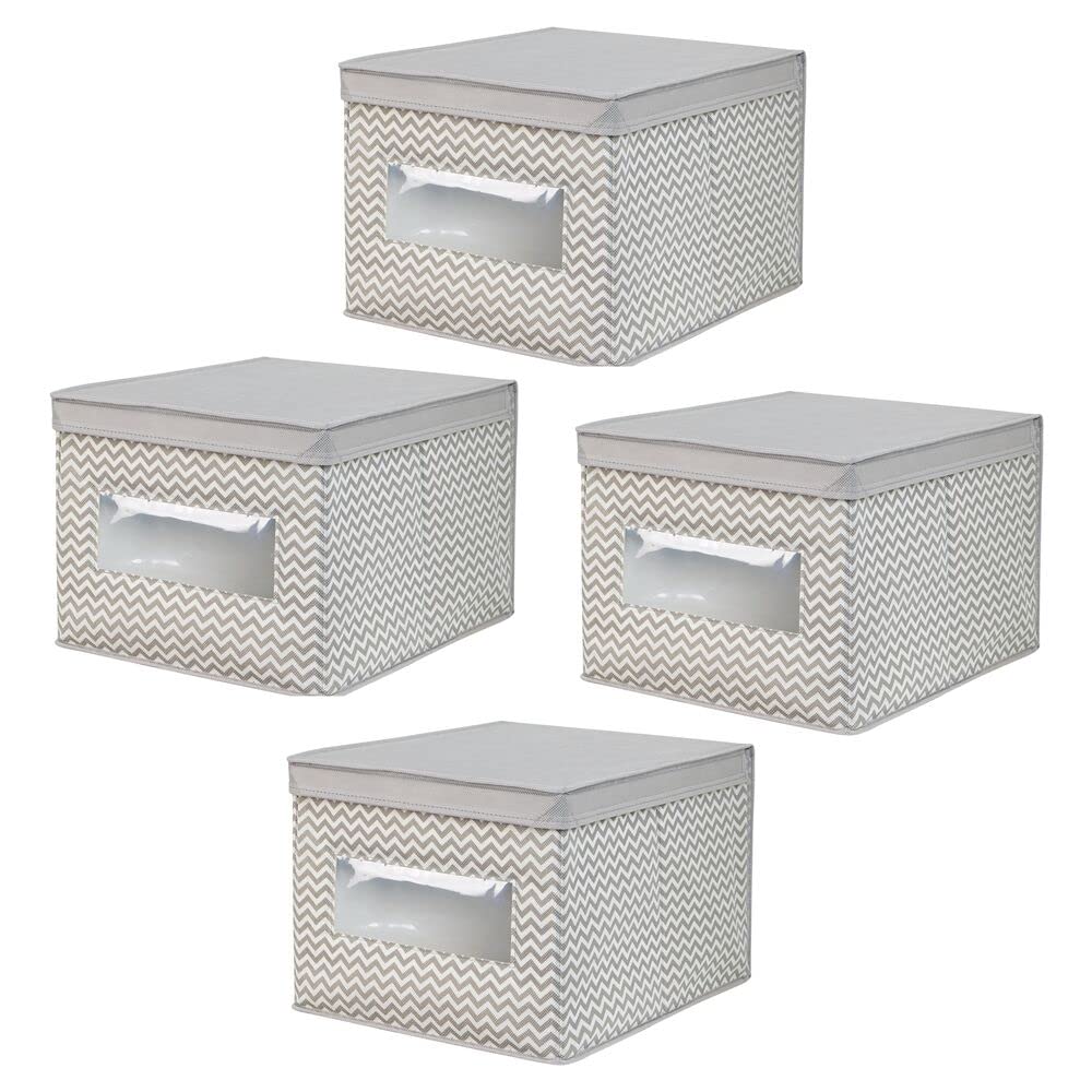 mDesign Large Soft Stackable Fabric Baby Nursery Storage Organizer Holder Bin Box with Front Window/Lid for Child/Kids Bedroom, Playroom, Classroom, Spira Collection, 4 Pack, Taupe/Natural