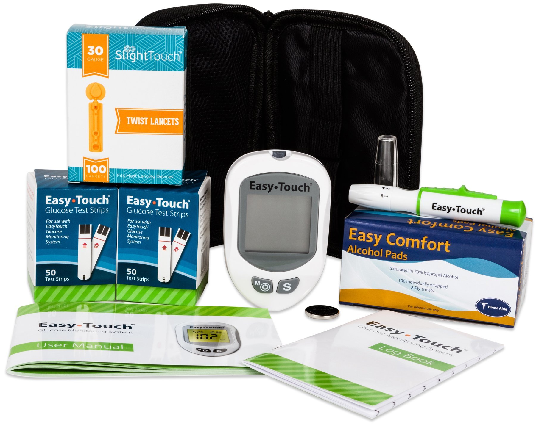 Easy Touch Diabetes Testing Kit - Easy Touch Meter, 100 Easy Touch Blood Glucose Test Strips, 100 Slight Touch Lancets 30g, Lancing Device and 100 Easy Comfort Alcohol Pads