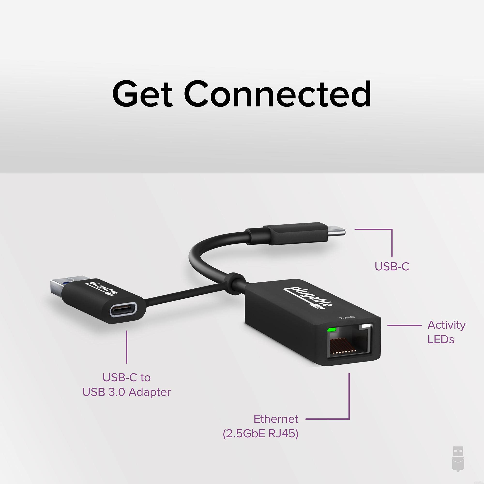 Plugable 2.5GB USB Ethernet Adapter for Laptop, 2-in-1 Cable, USB 2.5GB Ethernet Adapter, USB-C and USB Compaitble, USB-C to RJ45 2.5 Gigabit LAN Ethernet, Compatible with Mac and Windows
