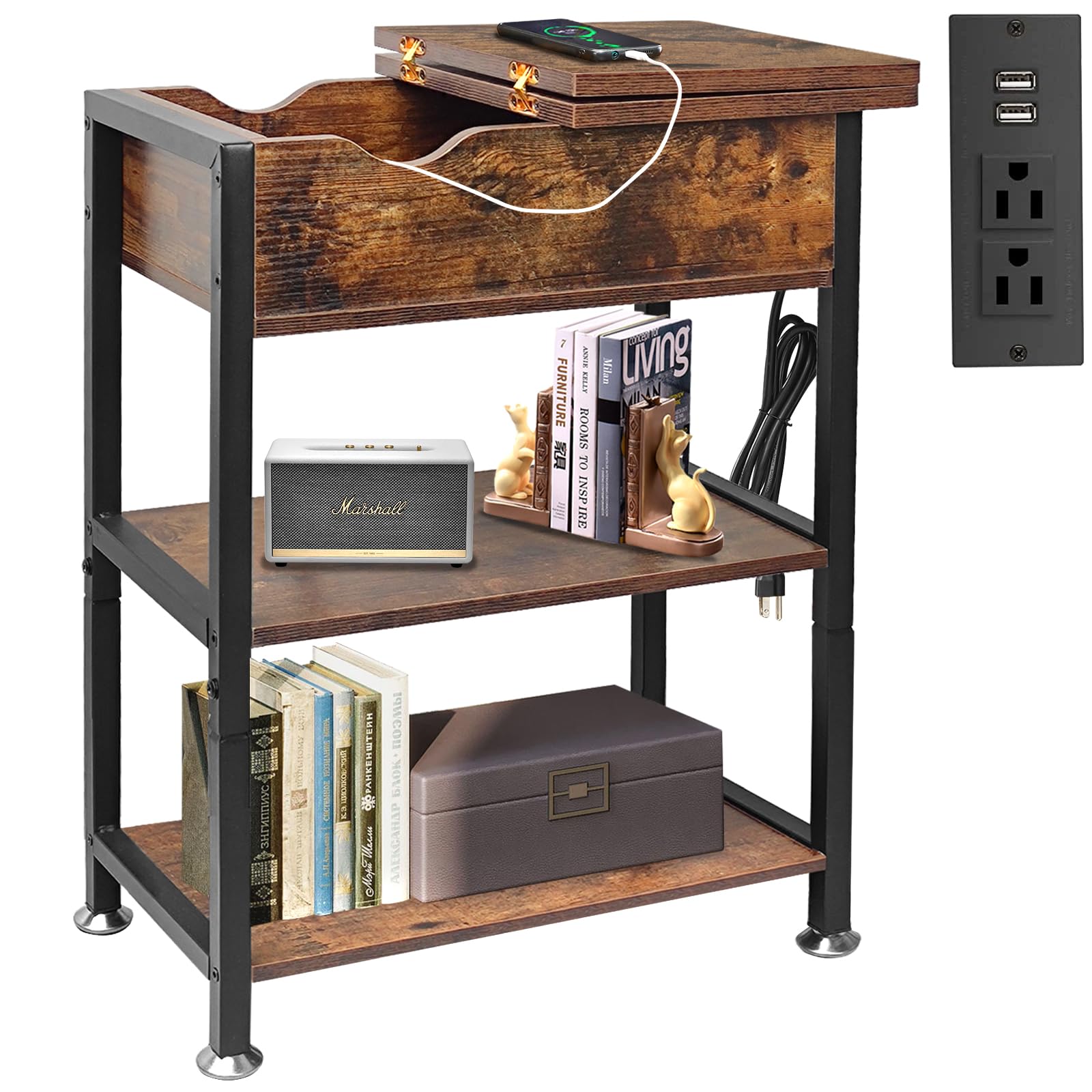 Flip Top Side Table with Hidden Charging Station - 12"Dร21"Wร26"H Compact End Table for Small Spaces, with Storage and 2 Shelves, Metal and Wood End Tables for Living Room, Slim Sofa Side Tables,Brown