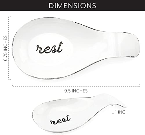 AuldHome Farmhouse White Spoon Rest, Distressed Enamel Ceramic Spoon Holder in Rustic Style