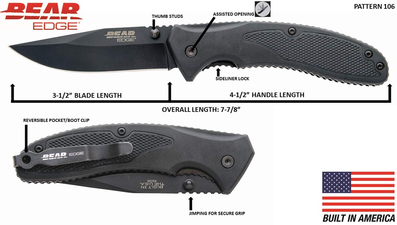 Bear Edge Zytel Sideliner, 3.5” 440 High Carbon Stainless Steel Blade, Black Zytel Handles, Assisted Opening with Reversible Pocket Clip (61106)