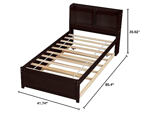 Harper & Bright Designs Twin Bed with Trundle, Twin Bed Frame with Bookcase Headboard, Wood Twin Platform Bed with Pull Out Trundle Bed for Kids Girls Boys,No Box Spring Needed,Espresso