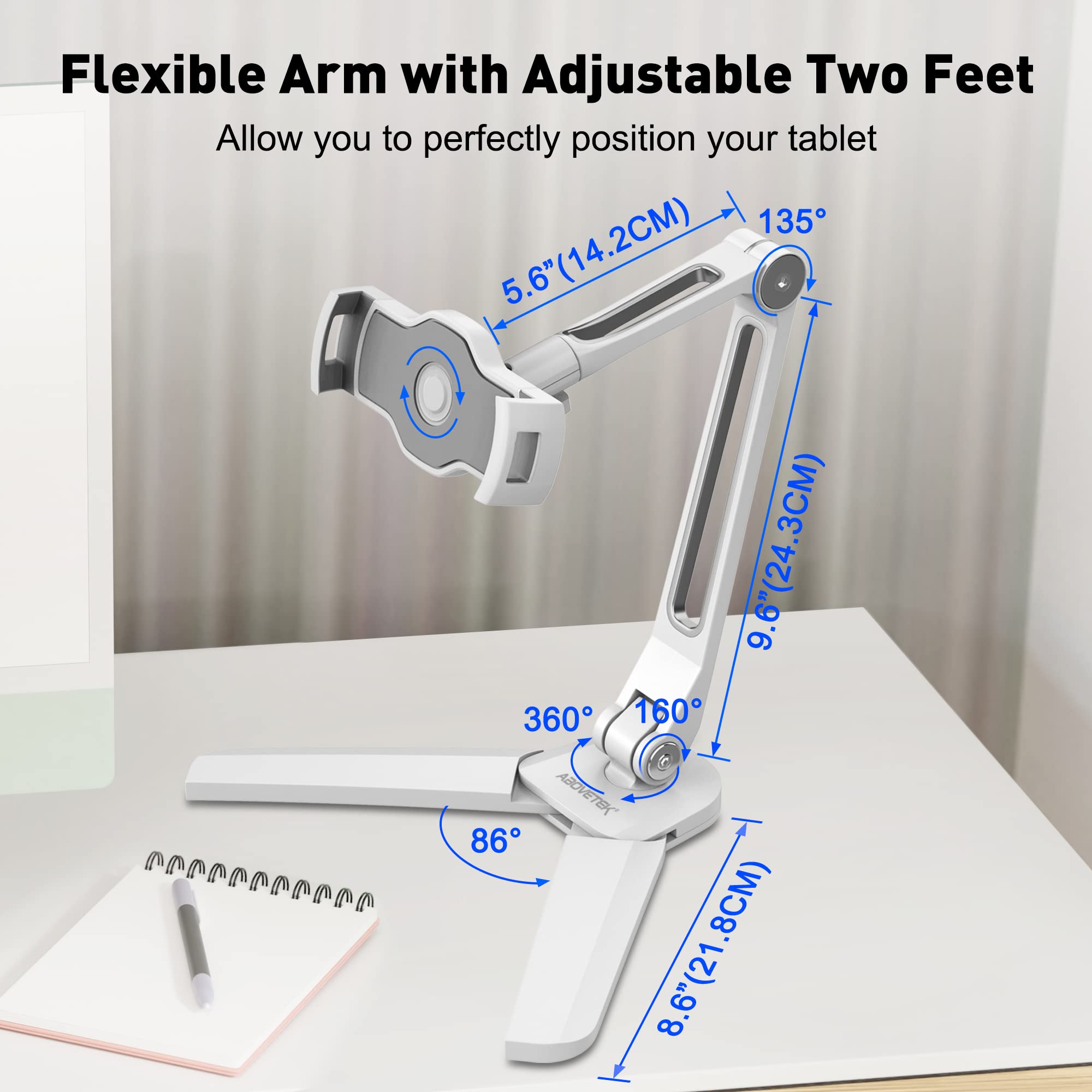 AboveTEK Under Cabinet iPad Mount, 3 in 1 Highflex 360° iPad Wall Mount for Kitchen, Tablet Celling Under Counter Holder, Kitchen iPad Stands Fits 4.7" to 13.5" iPad, Mini, Air, Surface Pro - White