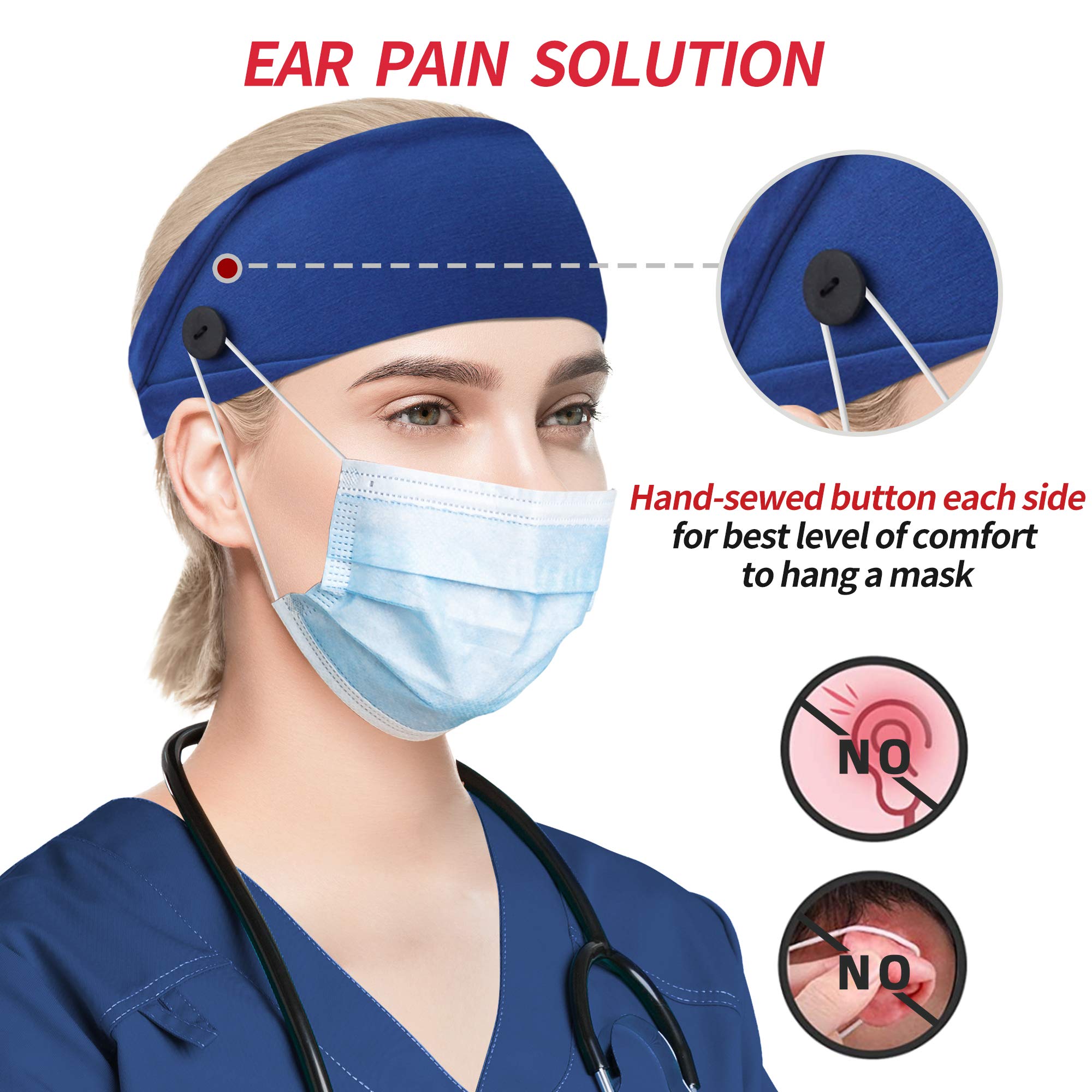 ABAMERICA Headbands with Button for Mask, Wide Nurses Headbands Non Slip Elastic Ear Protection for Women Men Doctors Sweatband Headband (BUTTON- 4 PACK COLOR13)